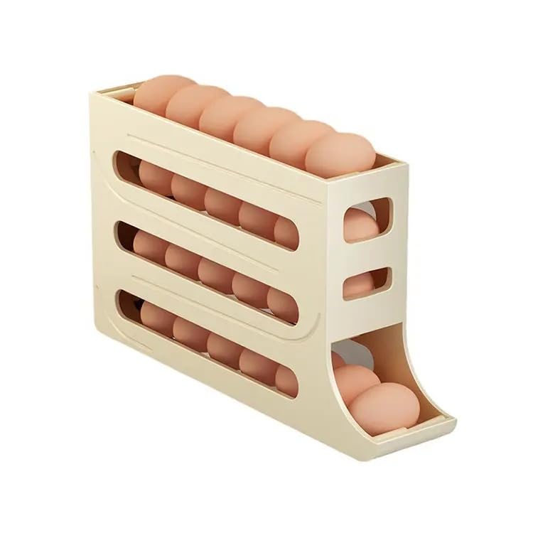Egg Holder for Fridge - Auto Rolling Fridge Egg Organizer, Space-Saving Egg Dispenser Holder, 30 Eggs, 4 Tiers Fridge Egg Rack Large Capacity Egg Dispenser for Refrigerator (Beige)