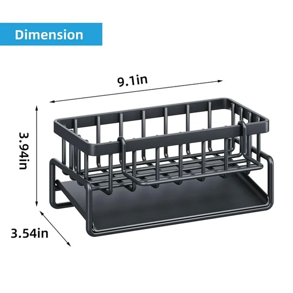 MTYKYHOO Sponge Holder Kitchen Sink Caddy Organizer with Dish Brush Holder, Rustproof Stainless Steel Sink Sponge Holder with Auto-Draining Tray (Black)