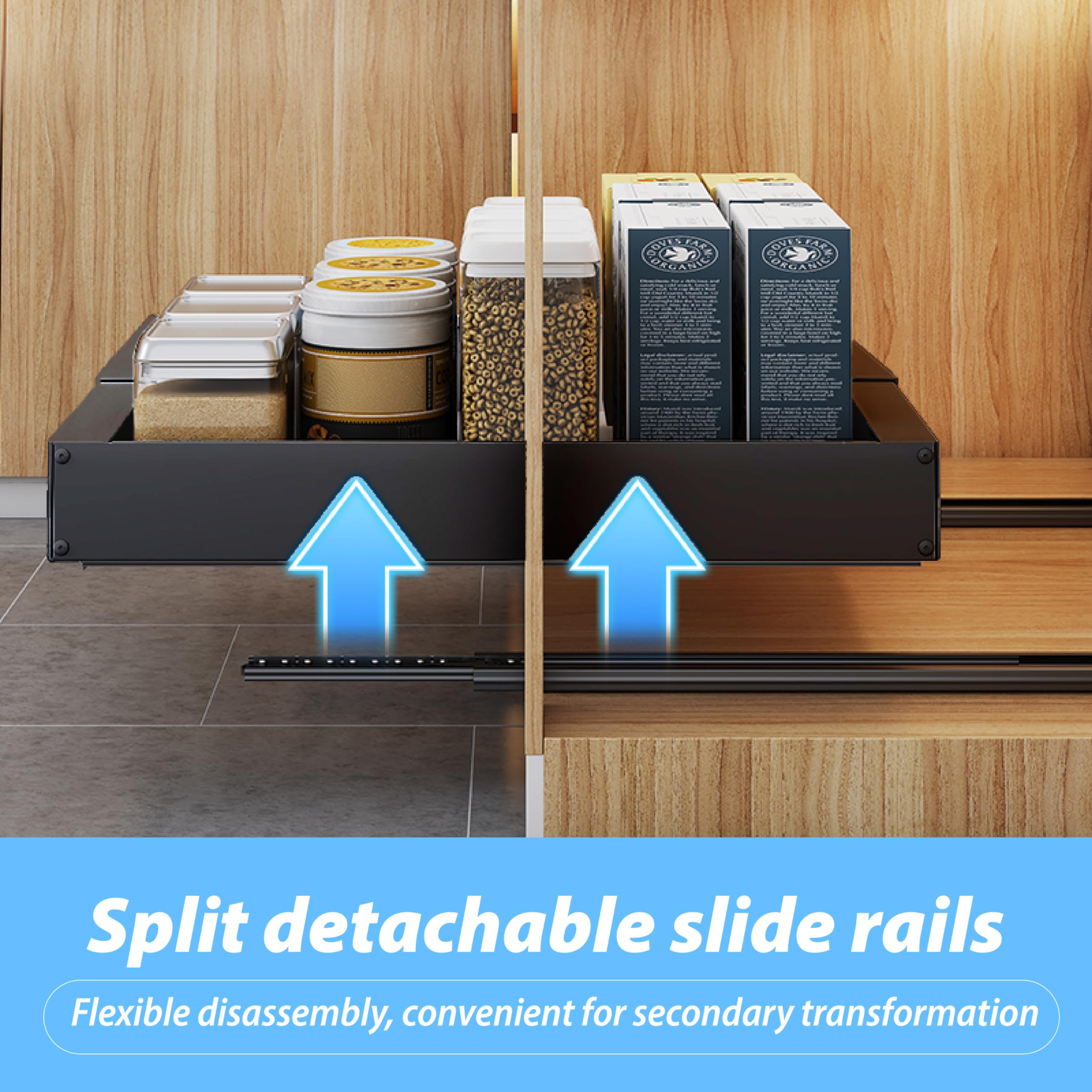 Expandable Pull out Cabinet Organizer with Sliding Drawer, Expandable (11.8"-18.1")Heavy Duty Slide out Drawer Adhesive Nano Film Slide Out Pantry Shelves for Kitchen,Bathroom,Pantry (2.7" H) (Black)
