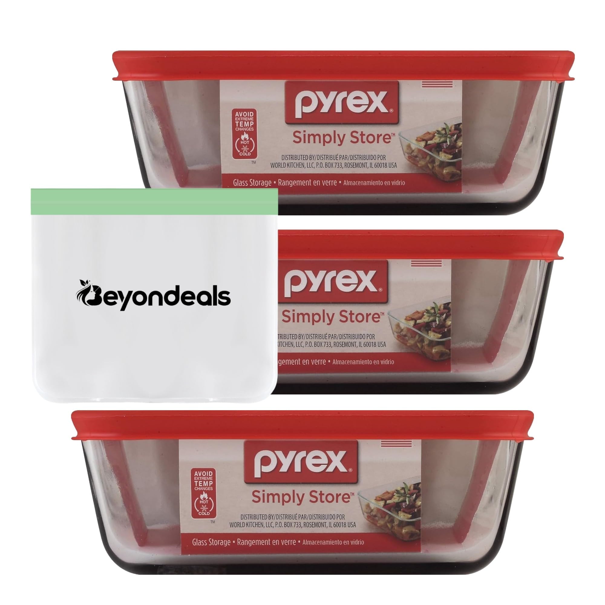 Beyondeals Simply Store 6-Cup Rectangular Glass Food Storage Dish,13.5oz, Bundle Reusable Food Storage Bag - Durable, Leakproof Lids, Kitchen Organization,glass storage dishes [Pack of 3]