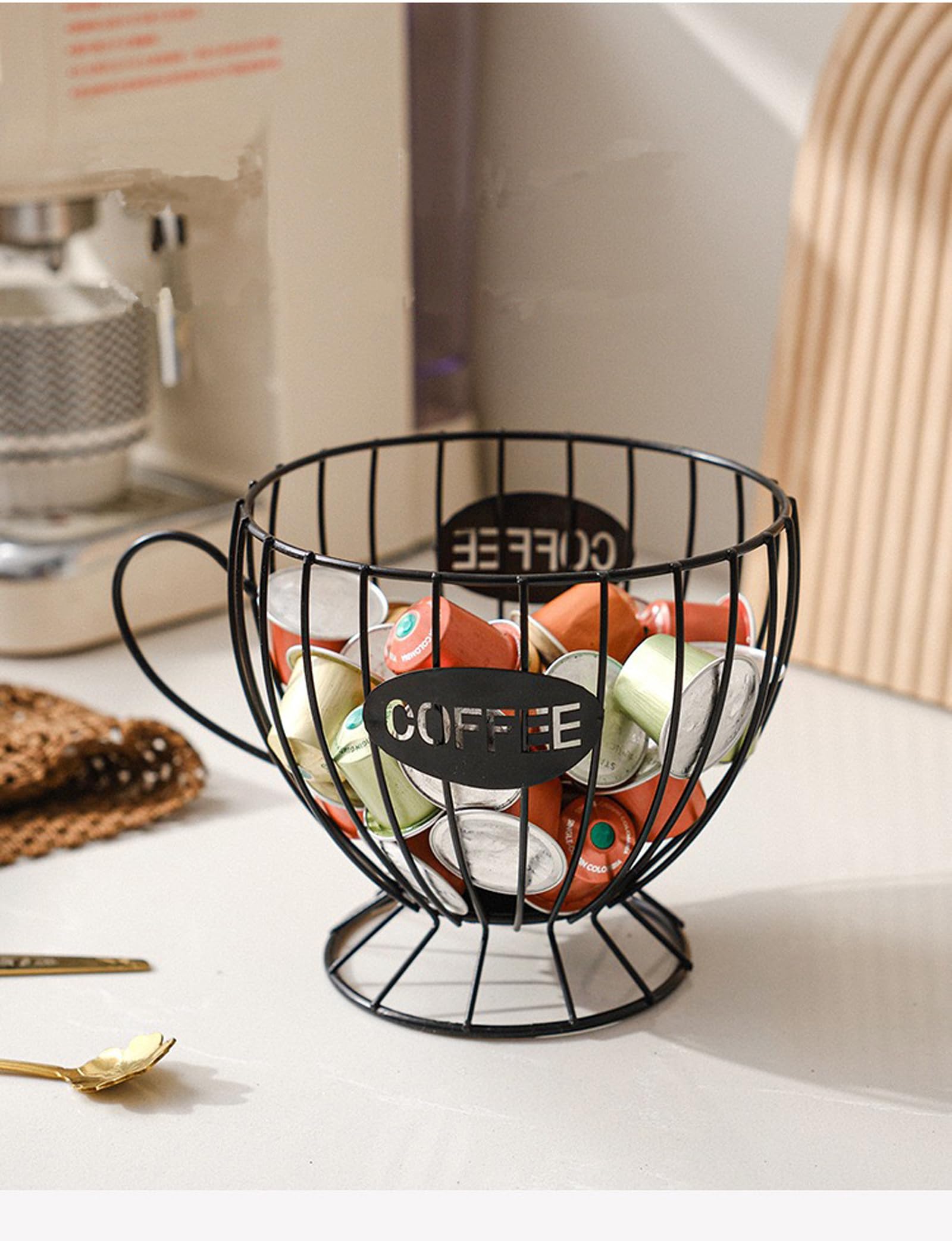 Agirlvct Coffee Pod Holder,Large K-Cup & Nespresso Capsule Organizer, Coffee Capsule Basket, Metal Coffee Bar Organizer for Kitchen Dinning Room Office Home Cafe Hotel (Black-Tea Cup )