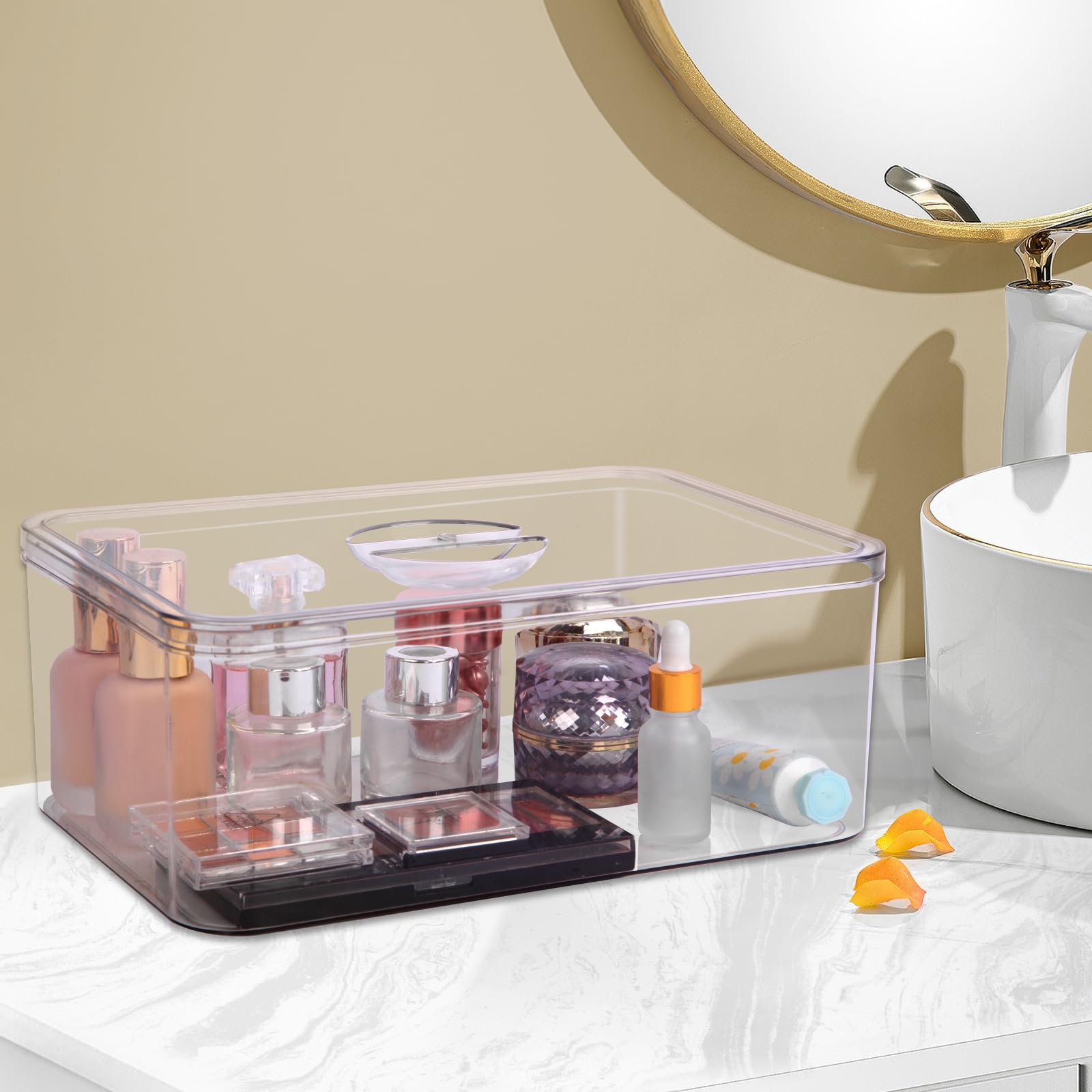 5 Pack Clear Plastic Storage Bins with Bamboo Lids, Stackable Storage Containers for Organizing Medicine Cabinet Organizer, Craft Room, Bread Box