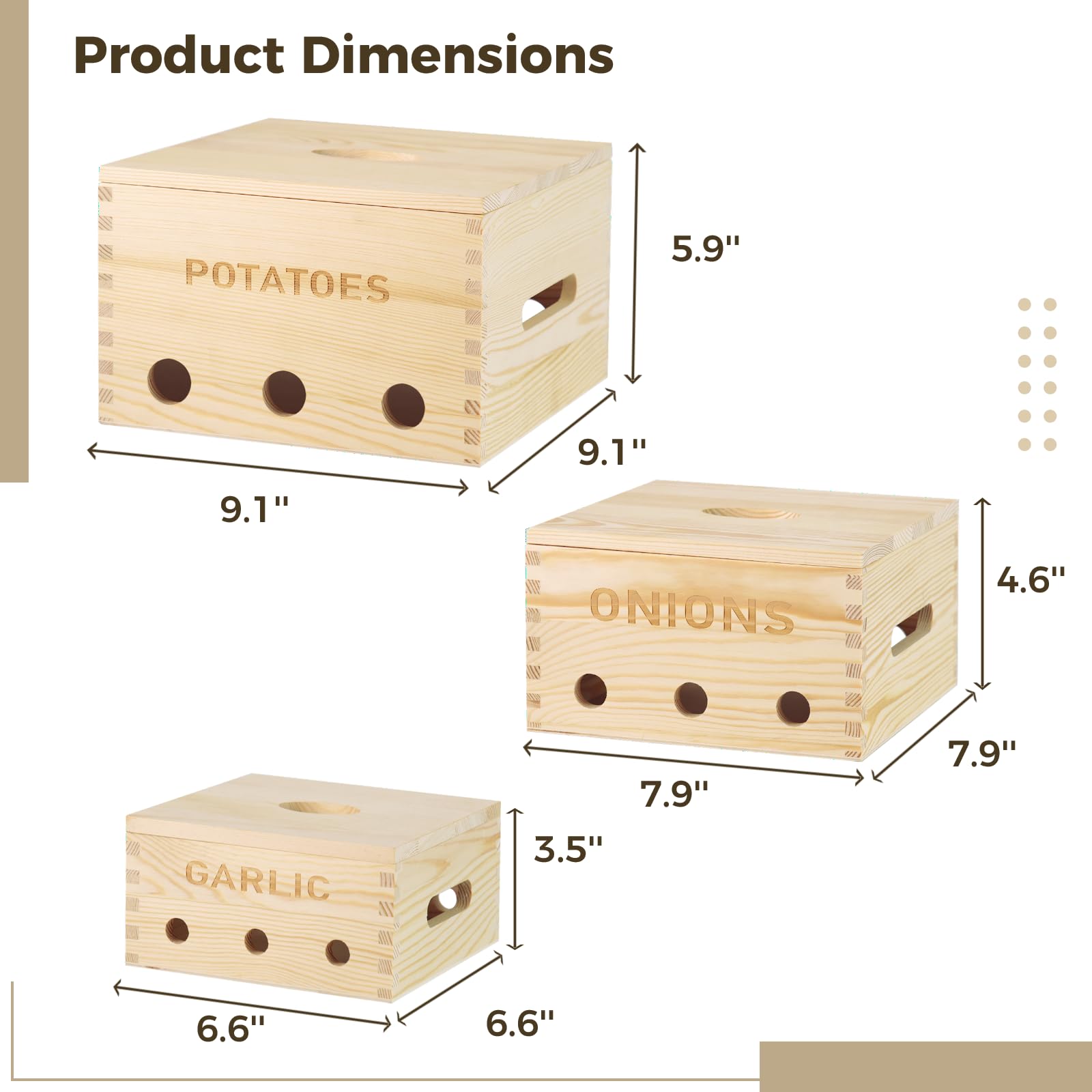 Vegetable Wooden Storage Bins, 3 PCS Potato Onion and Garlic Storage Containers Stackable Vegetable Storage Boxes with Ventilation Holes and Removable Lids for Kitchen Countertop, 6.6", 7.9", 9.1"