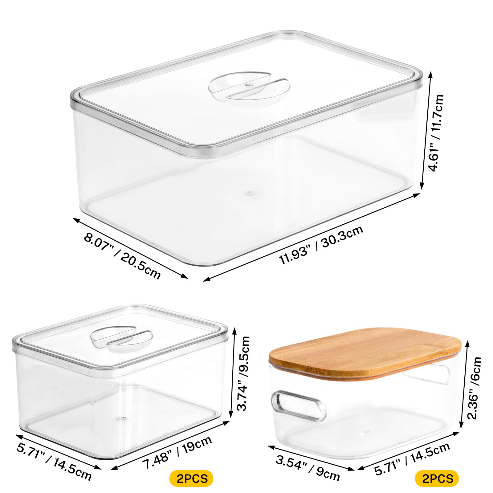 5 Pack Clear Plastic Storage Bins with Bamboo Lids, Stackable Storage Containers for Organizing Medicine Cabinet Organizer, Craft Room, Bread Box