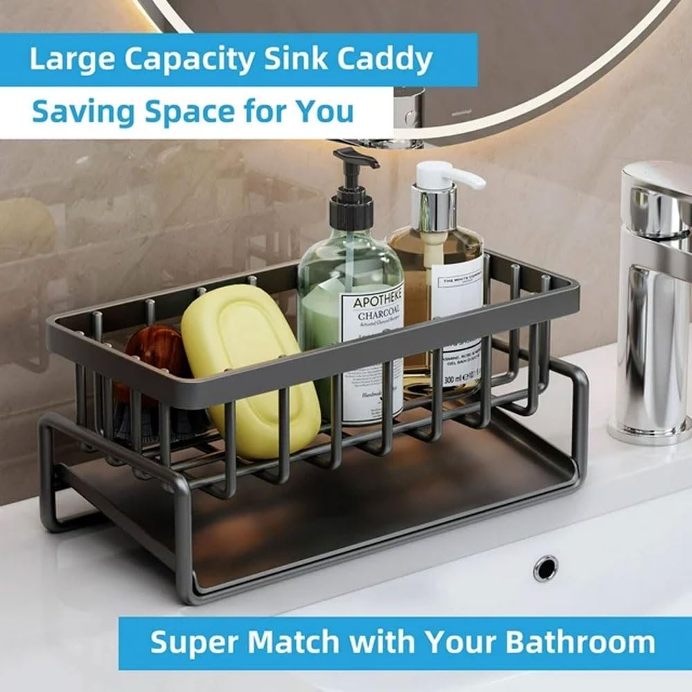 MTYKYHOO Sponge Holder Kitchen Sink Caddy Organizer with Dish Brush Holder, Rustproof Stainless Steel Sink Sponge Holder with Auto-Draining Tray (Black)