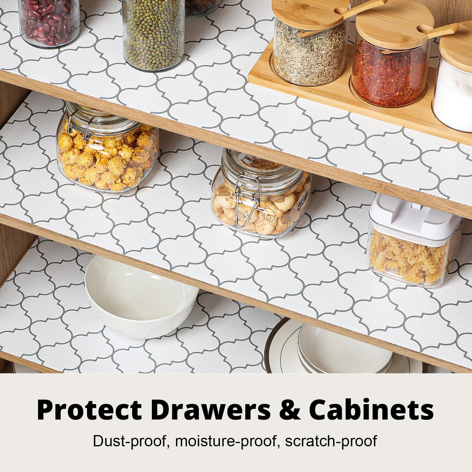 Drawer & Shelf Liner for Kitchen Cabinets, Non-Slip Non-Adhesive Shelf Paper Protect Dresser and Cupboard, Waterproof Drawer Mats for Bathroom, Easy Install