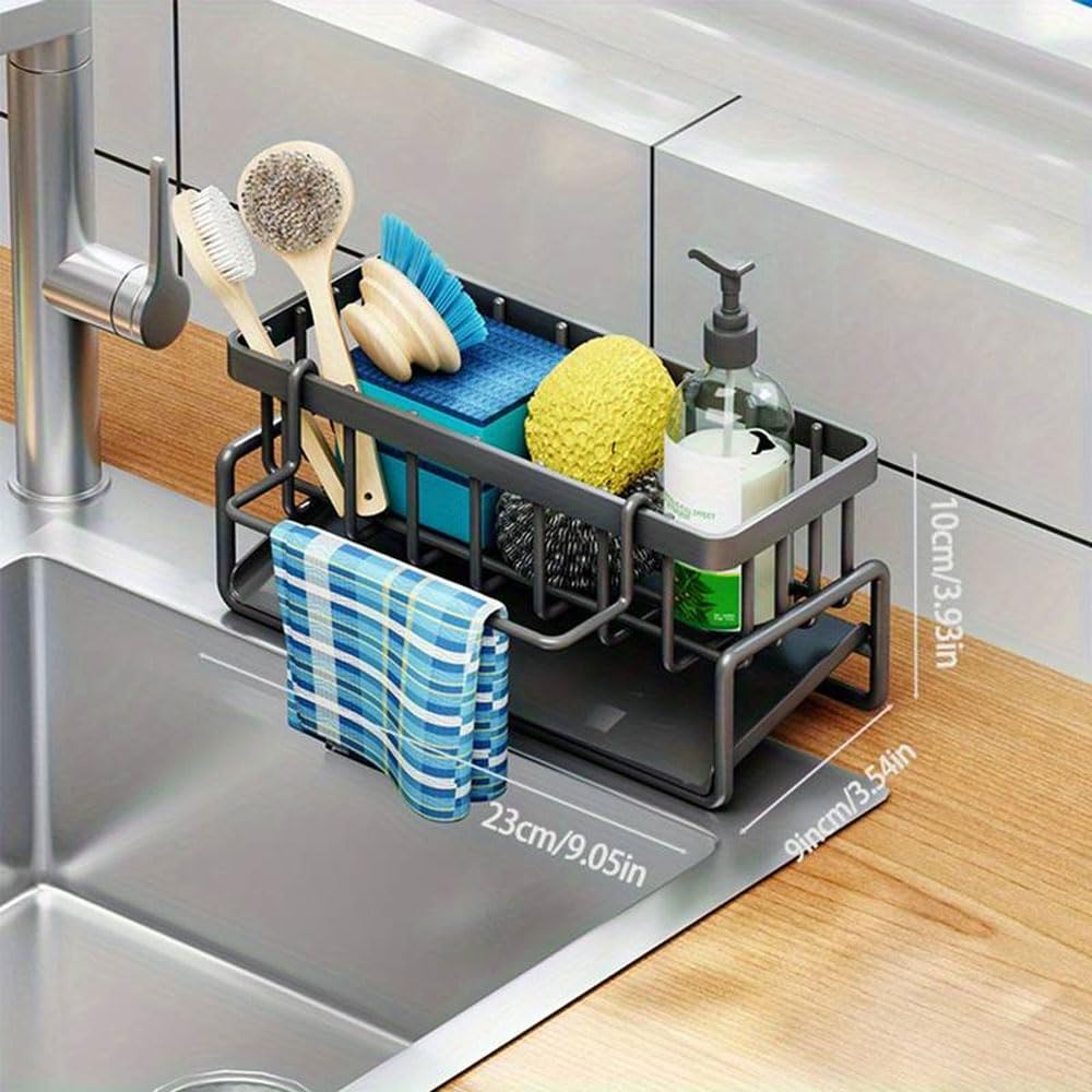 MTYKYHOO Sponge Holder Kitchen Sink Caddy Organizer with Dish Brush Holder, Rustproof Stainless Steel Sink Sponge Holder with Auto-Draining Tray (Black)