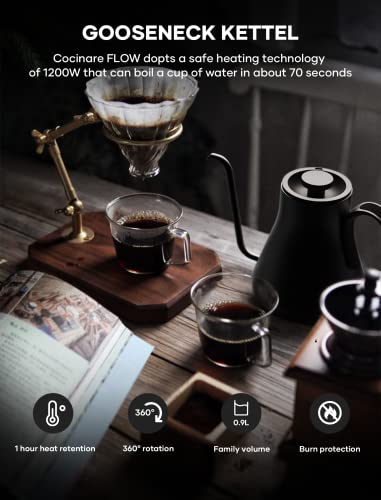 Cocinare Electric Gooseneck Kettle with Temperature Control, Pour Over Coffee & Tea, 1200W 180-sec Quick Boil Time, 600g Ultra Light, 0.9L, Black