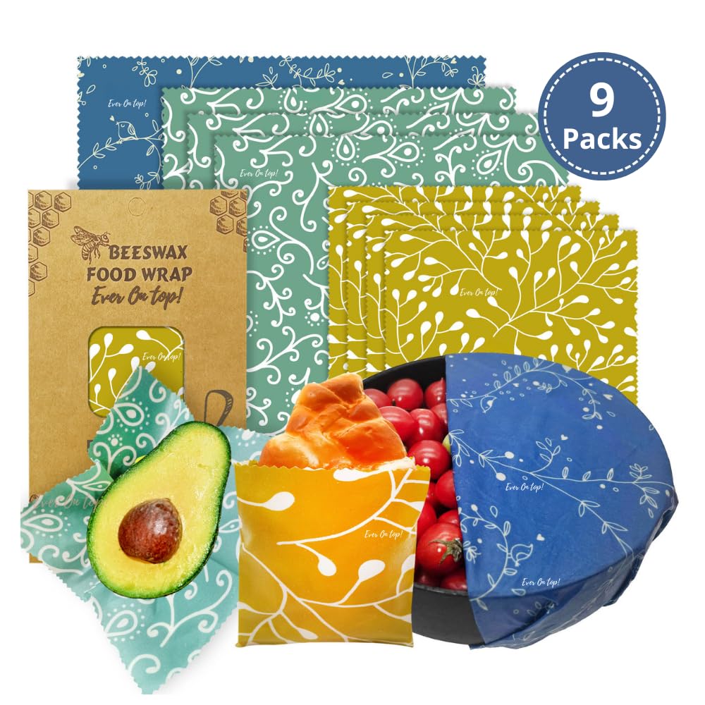 9 Pack Reusable Beeswax Wraps For Food - Zero Waste, Organic Bee wrap for food leftovers, Fruit, Bees wax paper food wrap