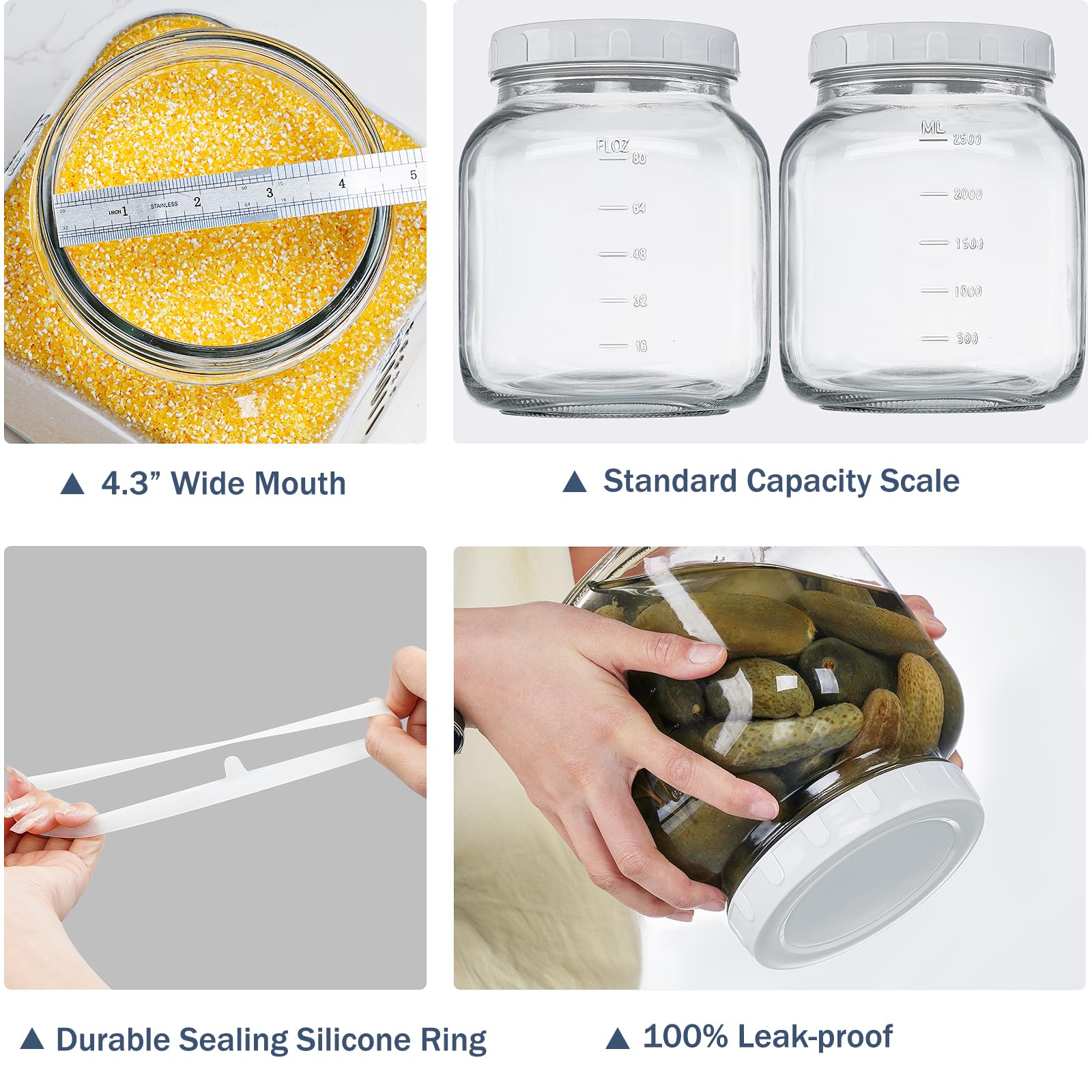 2 Pack 0.8 Gallon Glass Jar With Lid, 102 Oz Wide Mouth Mason Jars, Clear Glass Storage Jars With 2 Scale Marks, Canning Jars For Pickling, Rice, Sugar, Flour, Pasta