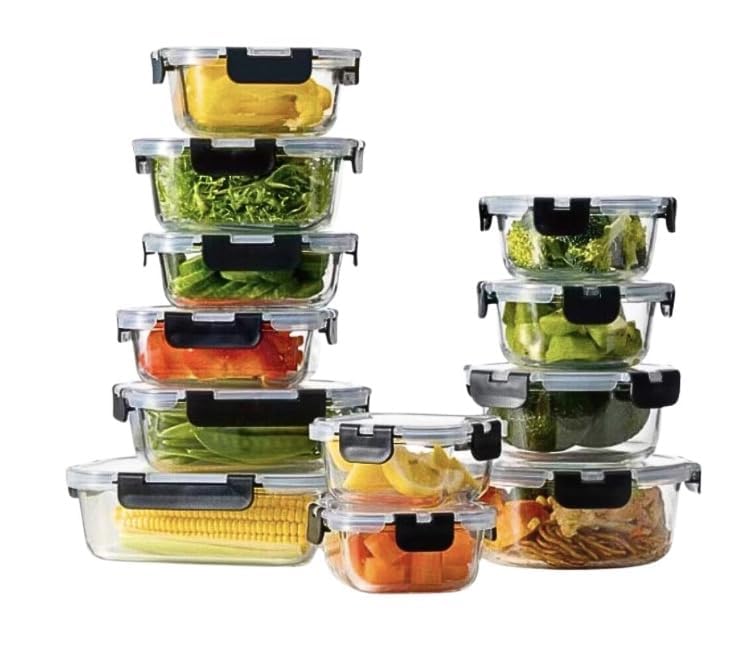 24-Pcs glass food containers set(12 Airtight, Freezer and Microwave Safe Food Storage Containers and 12 Lids), Glass Meal Prep Containers,BPA-free. Microwave,freezer,oven and Dishwasher safe.