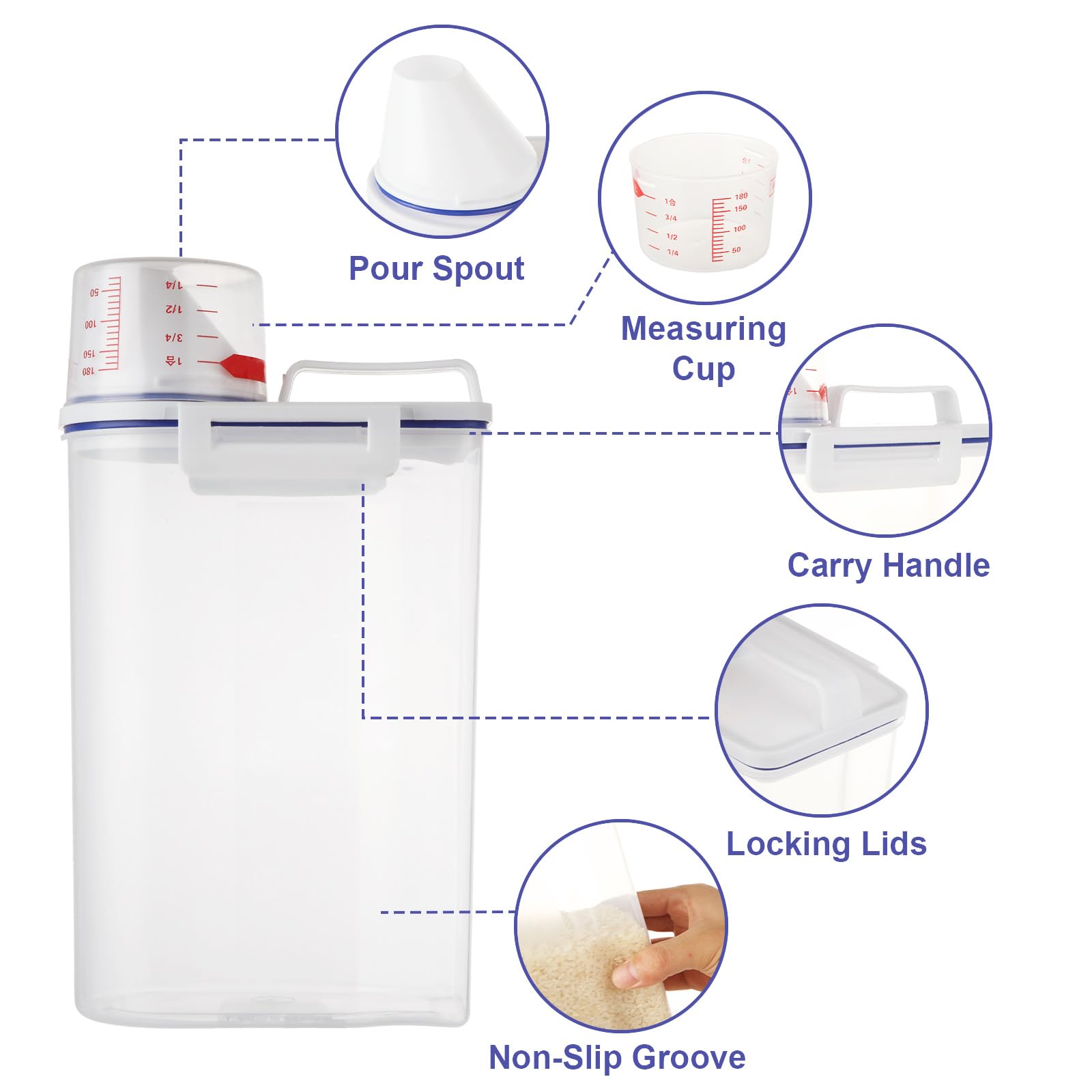 MIVIDE 3 Pack 9.8 Lbs Rice Storage Container, Rice Dispenser Storage Containers, Kitchen Cereal Containers Dispenser with Measuring Cup for Cereal, Oatmeal, Dry Pet Dog Food