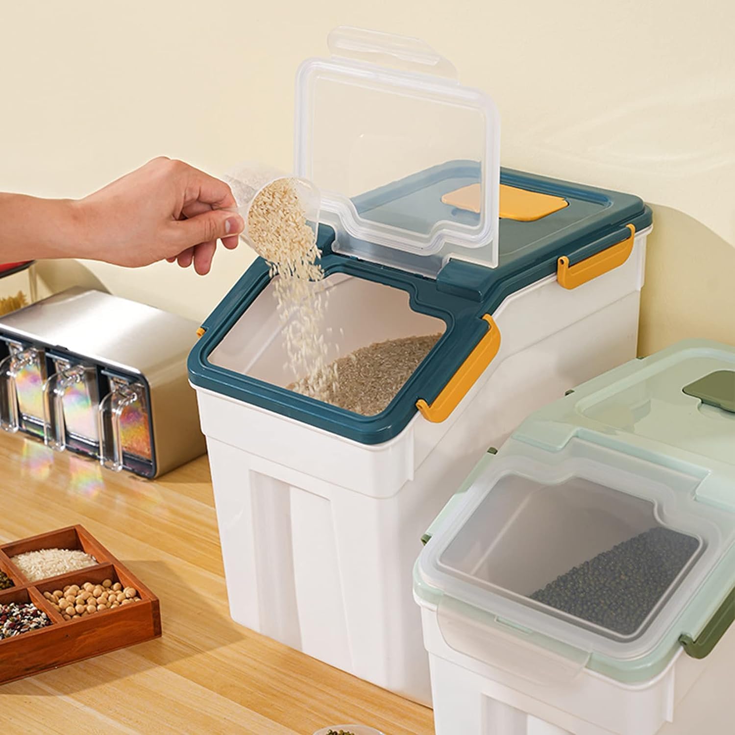 MXCELL 2 Pack 50lb Rice Dispenser Large Airtight Flour Holder 25LB Dog Food Storage Container Plastic Grain Bin with Spoon and Measuring Cup for Kitchen Pantry Counter Top (Blue)