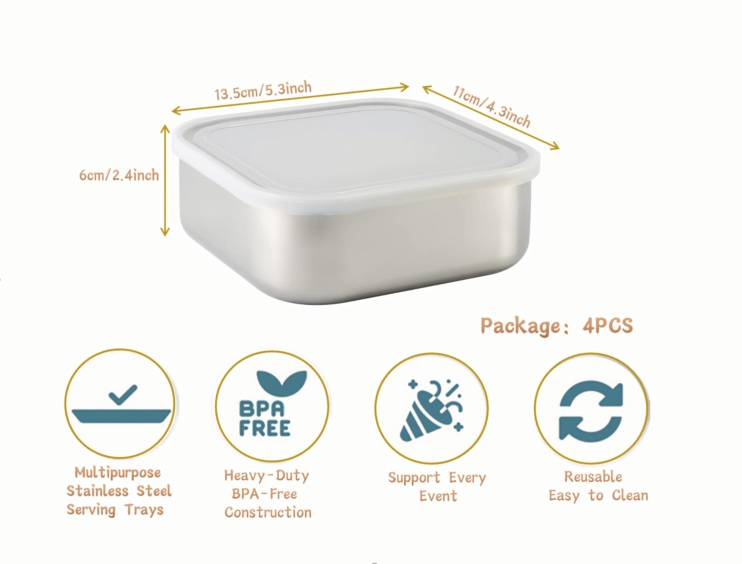 KNC 4 Pieces Stainless Steel Food Storage Containers Clear Lid, Refrigerator Fresh-keeping Airtight Leak Proof Stackable Box for Camping Trip Picnic Soup Salad Leftover, silver, HMC25