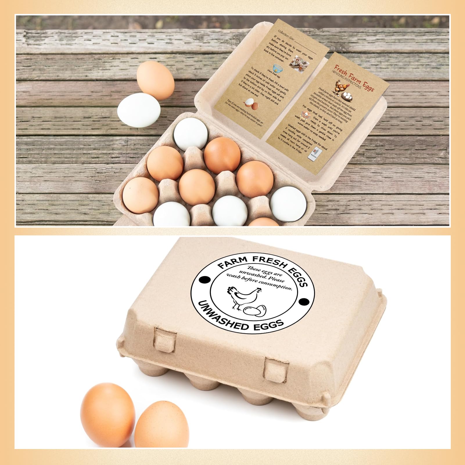 ZANHIX 200 Pcs Farm Fresh Eggs Handling Instructions and 500 Pcs Egg Cartons Labels, 2 x 3.5 Inches Egg Stamps for Fresh Eggs Card, 2 Inch Egg Carton Stickers for Fresh Eggs Sign