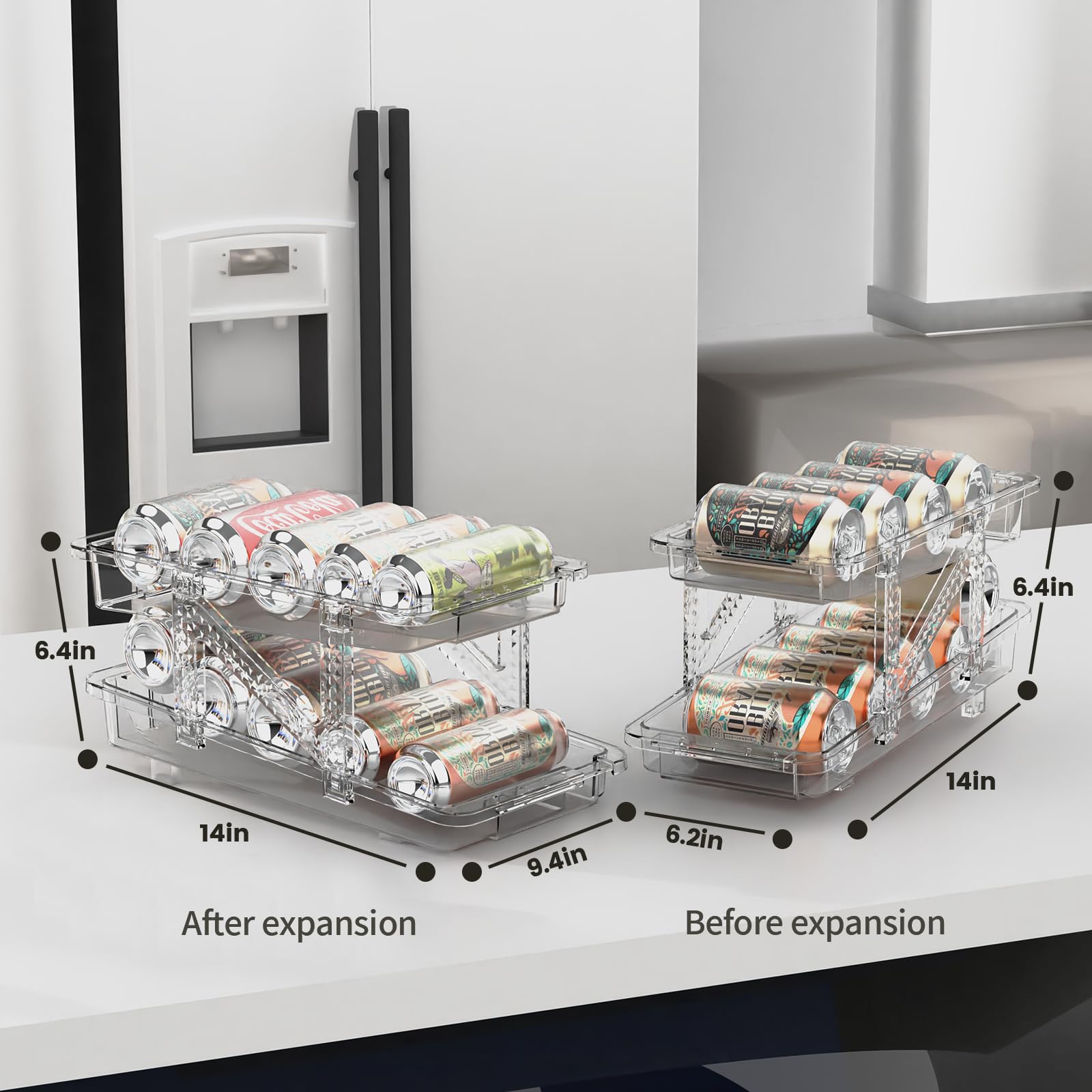 Jsyrjing Drink Organizer for Fridge Soda Holder for Refrigerator Can Dispenser,Adjustable Width Can Holders for Fridge Suitable for Storage Cabinet and Pantry Clear (2 Pack)