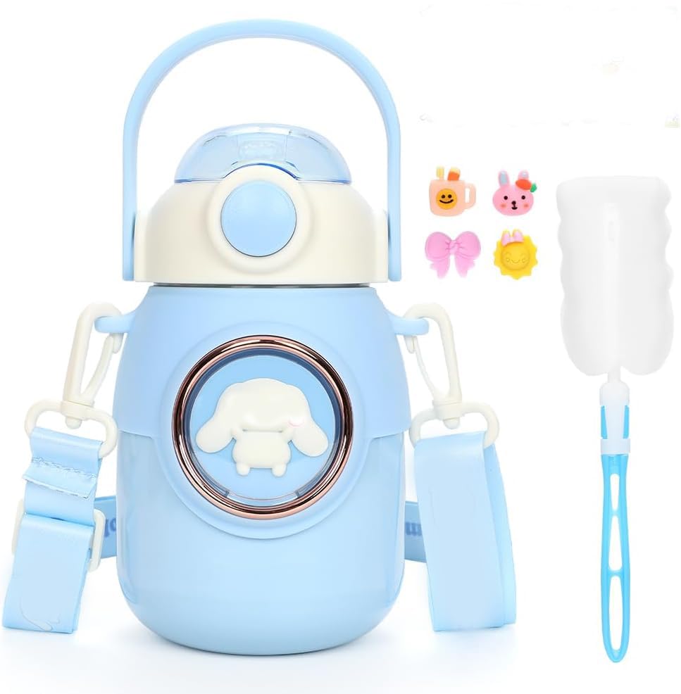 buersur Cute Water Bottle Insulated Mug - Cute Insulated Mug for Hot or Cold Drinks - Stainless Steel Insulated Cup with Straw,Shoulder Strap Brush,50 Stickers and 4 PCS Cup Decoration for All Ages