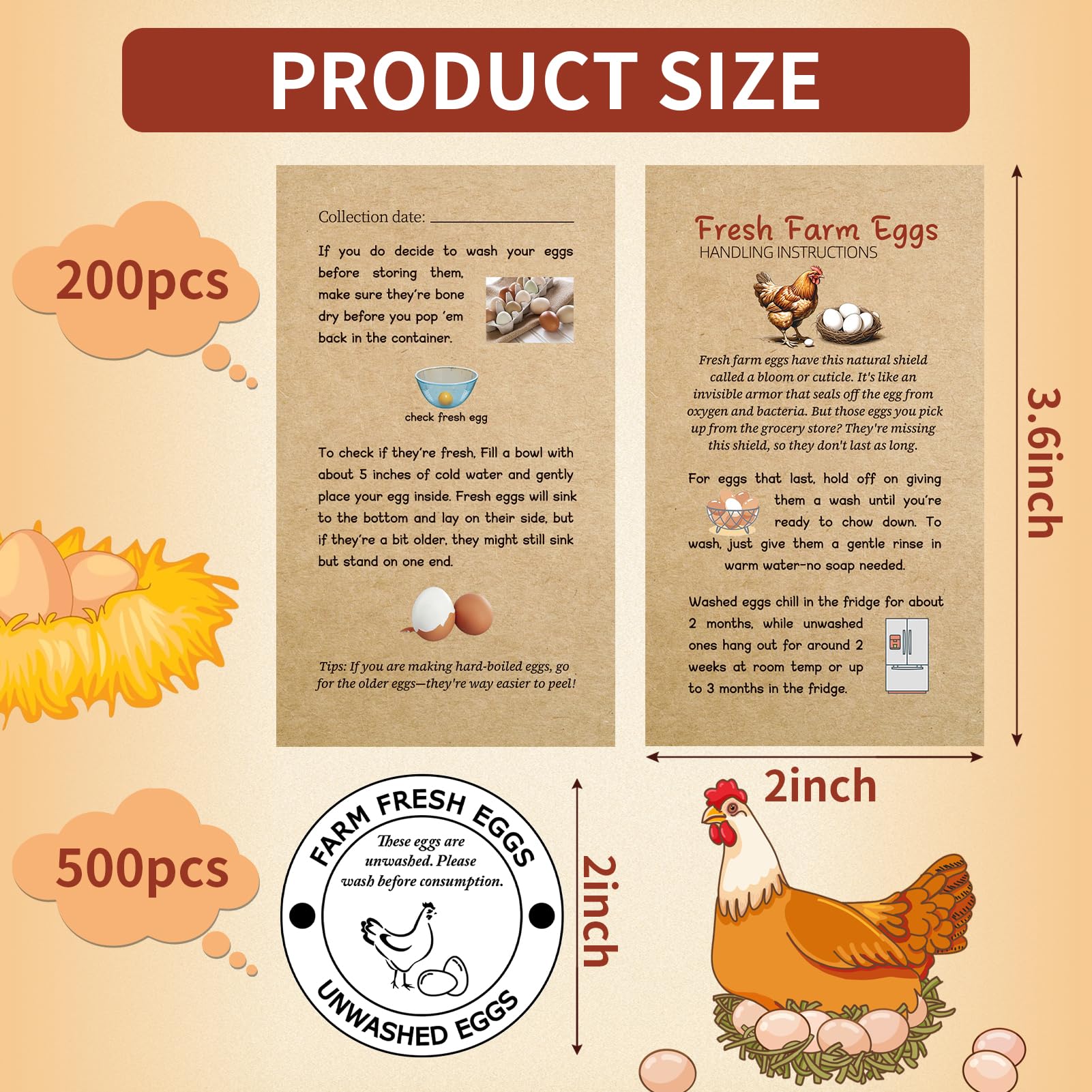 ZANHIX 200 Pcs Farm Fresh Eggs Handling Instructions and 500 Pcs Egg Cartons Labels, 2 x 3.5 Inches Egg Stamps for Fresh Eggs Card, 2 Inch Egg Carton Stickers for Fresh Eggs Sign