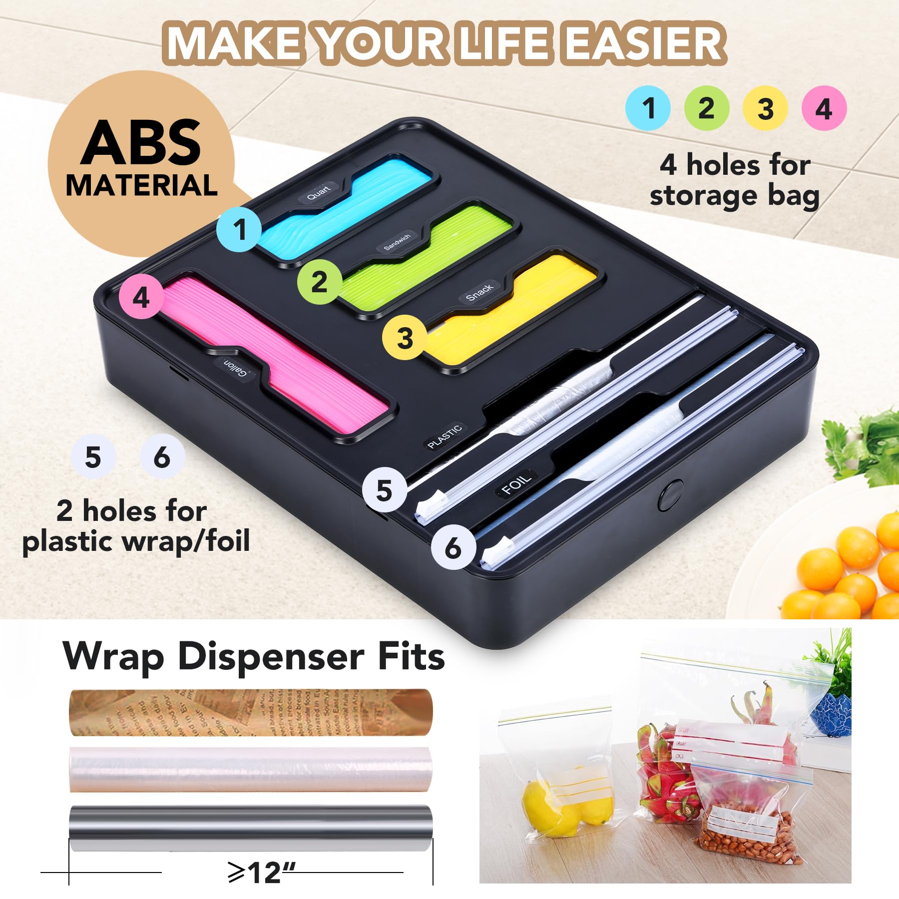 CiWiVOKi Storage Bag Organizer for Drawer, 6 in 1 Foil and Plastic Wrap Dispenser with Cutter, Plastic Kitchen Organizers and Storage for Sandwich Snack Gallon Quart Bags and 12" Aluminum Foil, Black