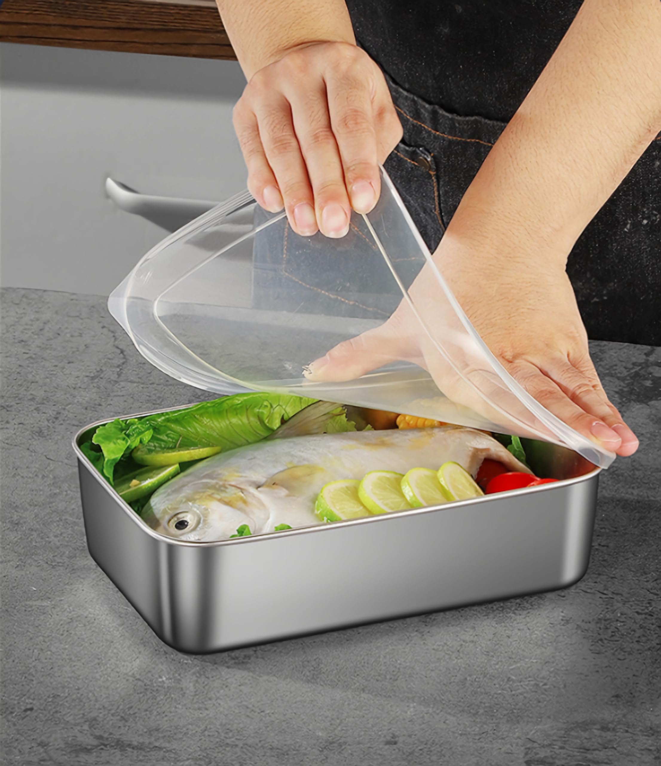KNC 4 Pieces Stainless Steel Food Storage Containers Clear Lid, Refrigerator Fresh-keeping Airtight Leak Proof Stackable Box for Camping Trip Picnic Soup Salad Leftover, silver, HMC25