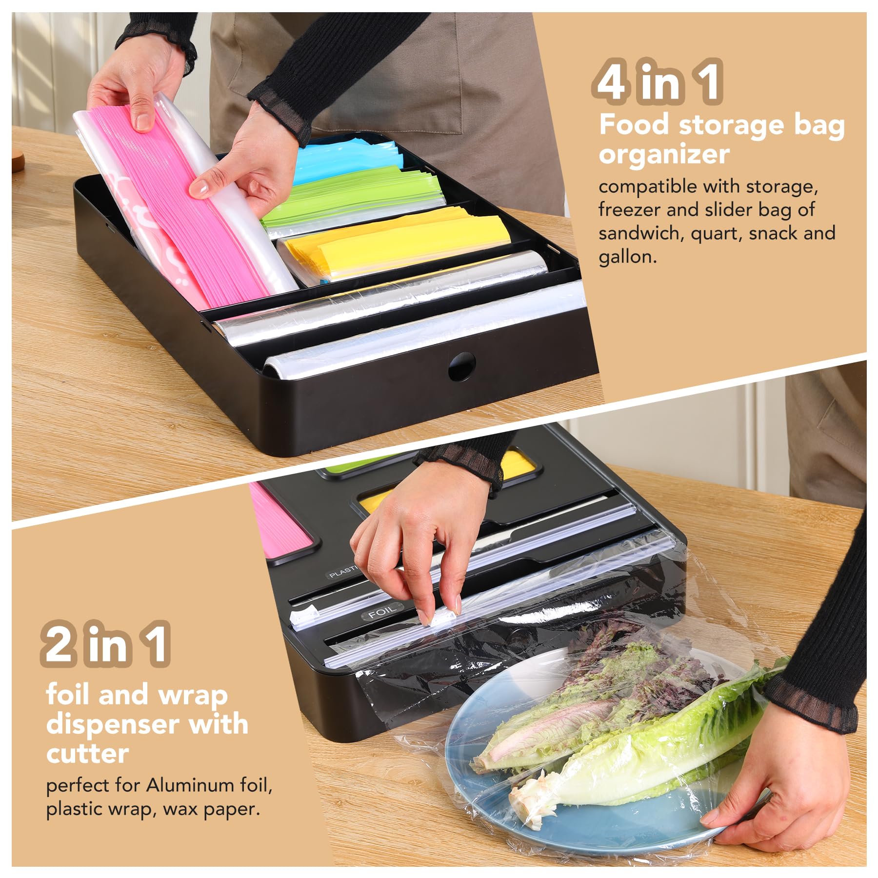 CiWiVOKi Storage Bag Organizer for Drawer, 6 in 1 Foil and Plastic Wrap Dispenser with Cutter, Plastic Kitchen Organizers and Storage for Sandwich Snack Gallon Quart Bags and 12" Aluminum Foil, Black