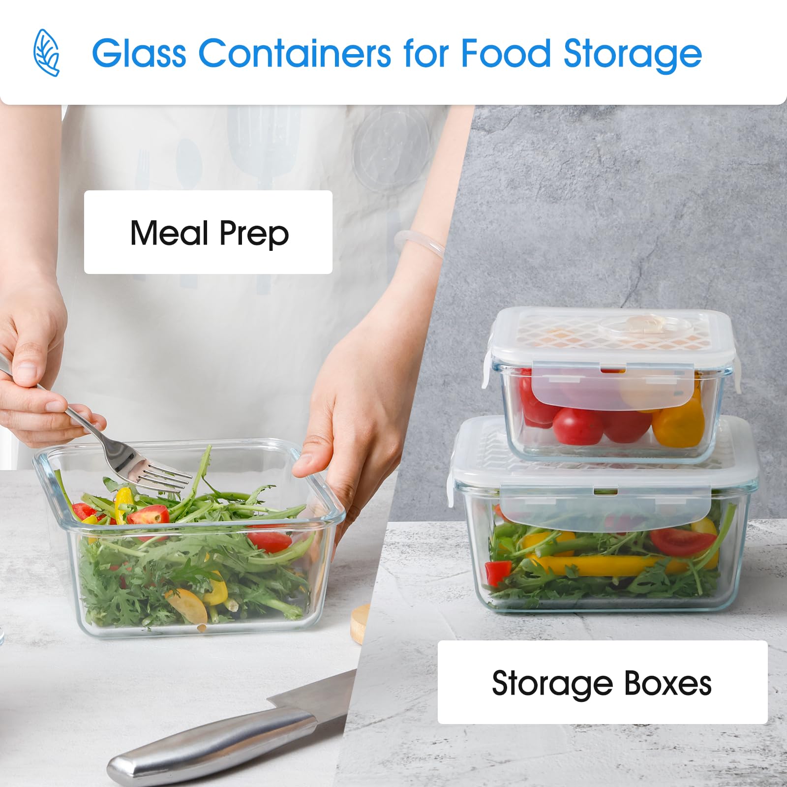 NUTRIUPS 33 Oz Glass Food Storage Containers with Lids, 5.2 Inch Meal Prep Glass Containers with Airtight Lids, Square Glass Bowls with Lids, Microwave, Oven, Freezer and Dishwasher Safe