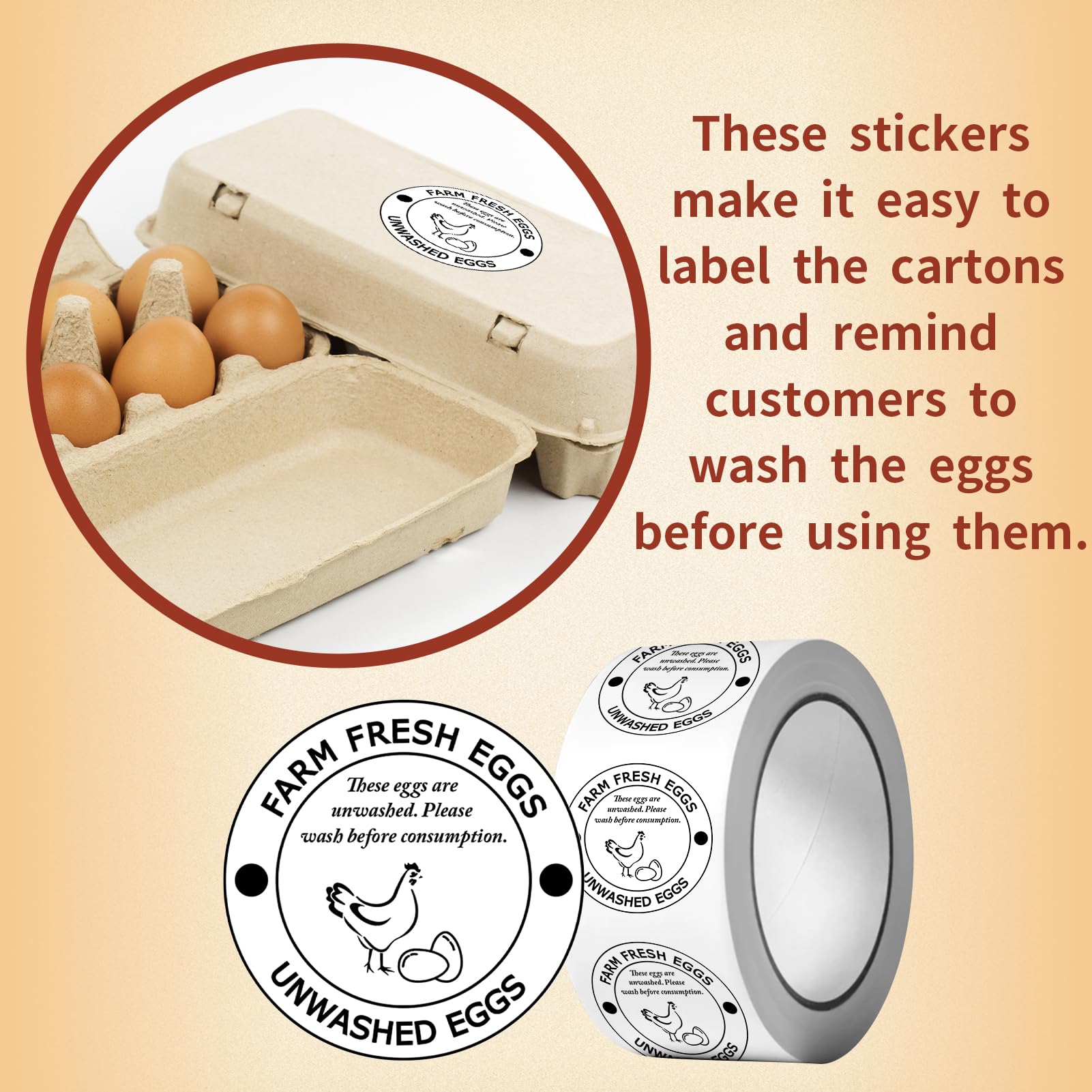 ZANHIX 200 Pcs Farm Fresh Eggs Handling Instructions and 500 Pcs Egg Cartons Labels, 2 x 3.5 Inches Egg Stamps for Fresh Eggs Card, 2 Inch Egg Carton Stickers for Fresh Eggs Sign