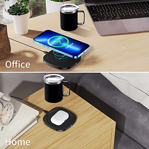 TIGPOW Coffee Cup Warmer with Mug set,Double-layer 18/8 Stainless Steel Heated Mug,Wireless Charging Function,Self Heating Coffee Mug for Office Desks, and Home (Black 12oz)