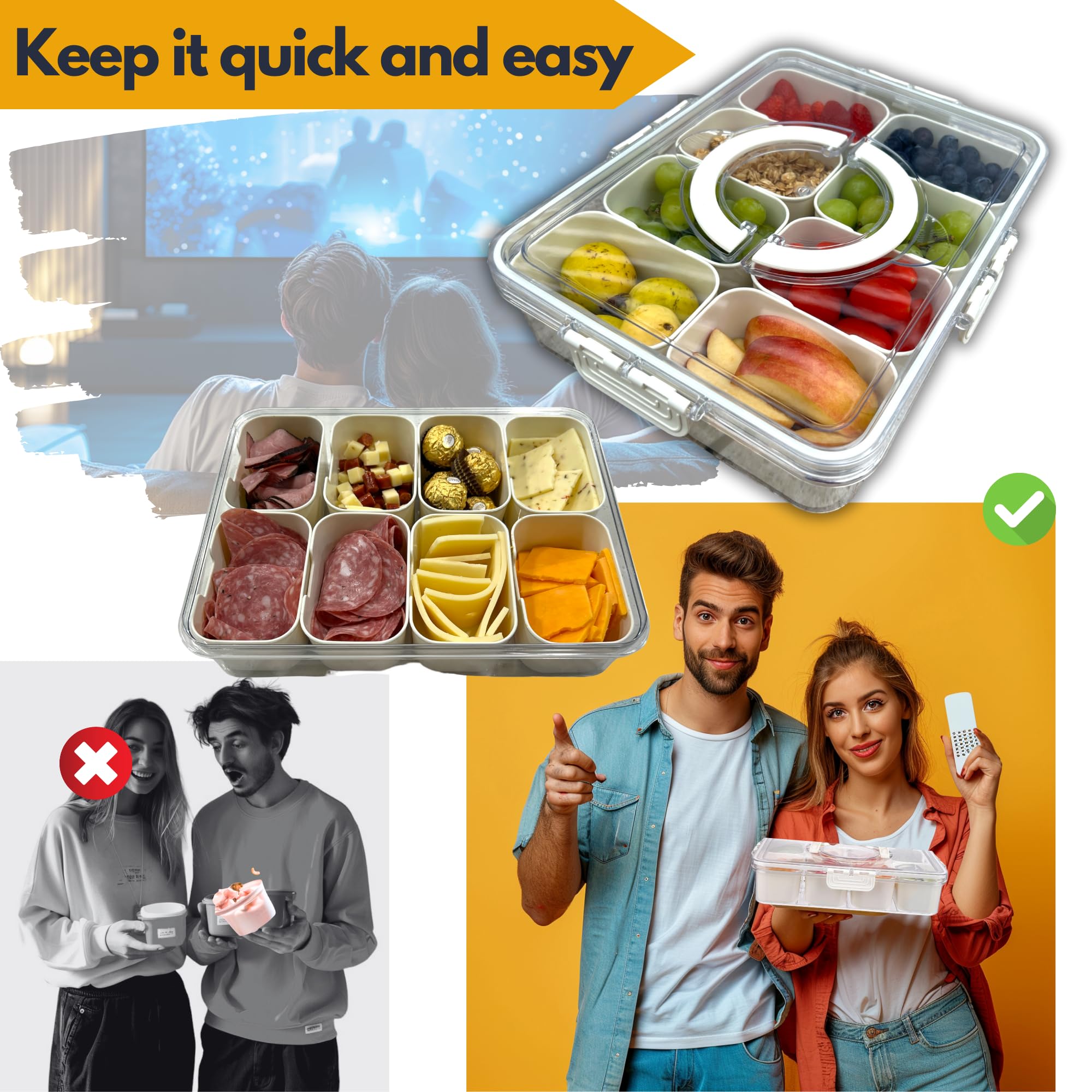 Serving Tray with Lid and Handle - Divided Portable Snackle Box Container, Fridge organizer, Clear Snack Box Organizer for Fruits, Candy, Charcuterie, Snacks - Ideal for beach and picnic essentials