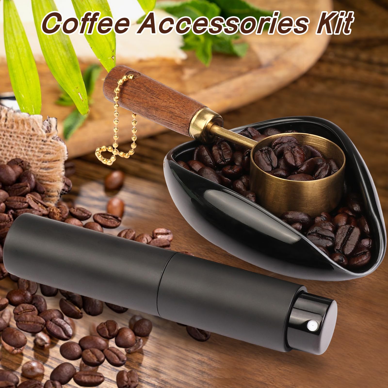 FWUNYVN 4Pcs Coffee Bean Dosing Cup, Spray Bottle, Spoon and Stirrer Tool Set, Coffee Bar Accessories Ceramic Espresso Dosing Funnel Spray Bottle for Reducing Coffee Static, Coffee Lover Gift (Black)