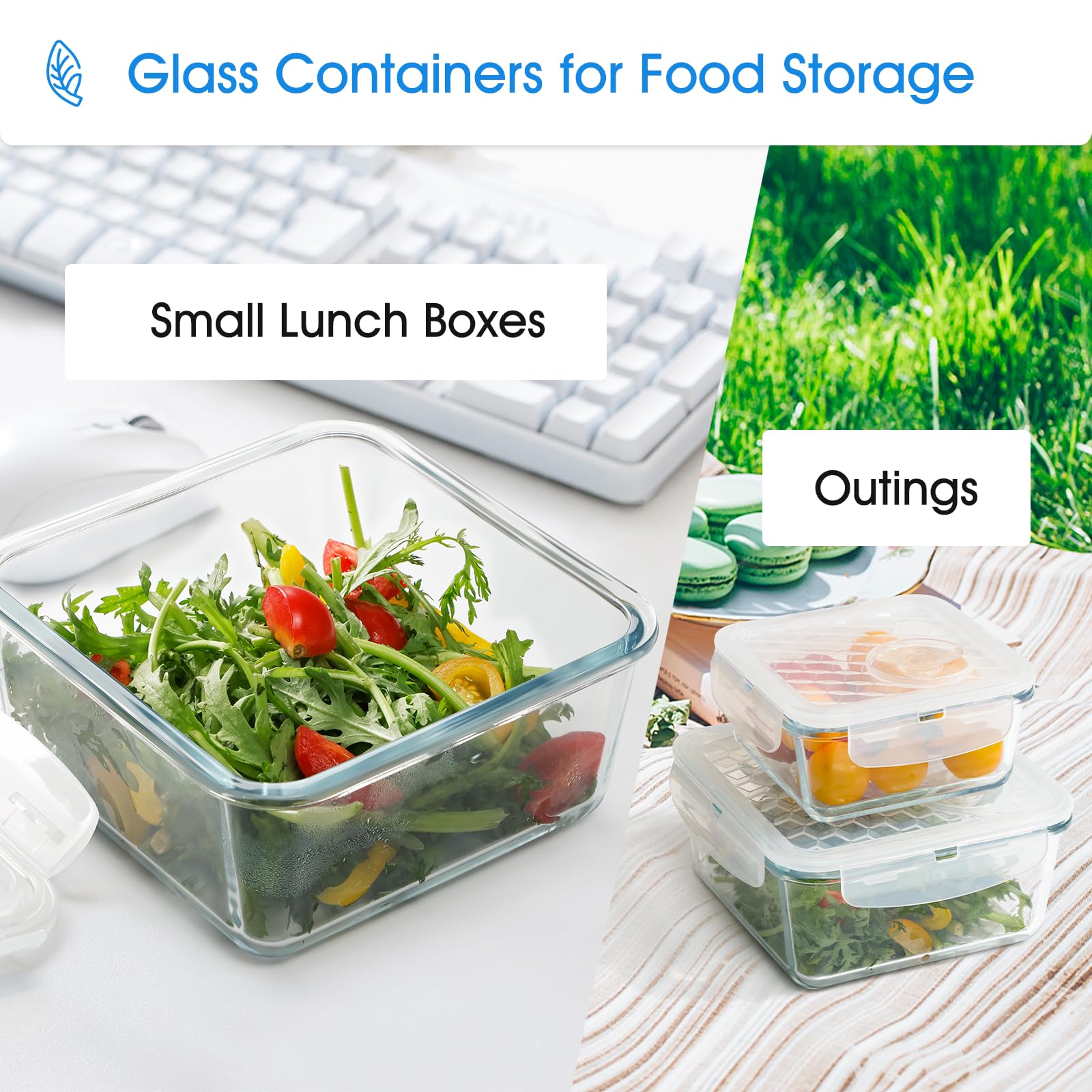 NUTRIUPS 33 Oz Glass Food Storage Containers with Lids, 5.2 Inch Meal Prep Glass Containers with Airtight Lids, Square Glass Bowls with Lids, Microwave, Oven, Freezer and Dishwasher Safe