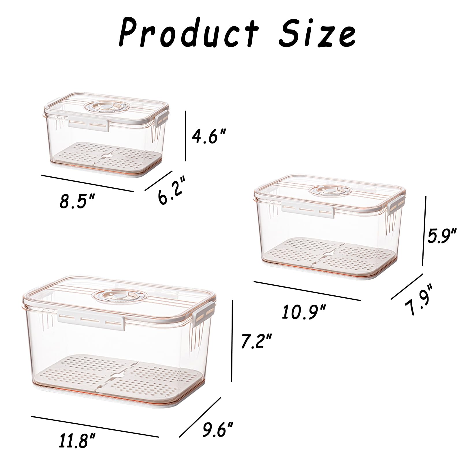 Time Recording Fruit Storage Containers for Fridge, Airtight Produce Storage Saver Containers, Fridge Organizer with Lid, Stackable Transparent Fresh Keeper Bin for Salad Berry (white-3 piece set)