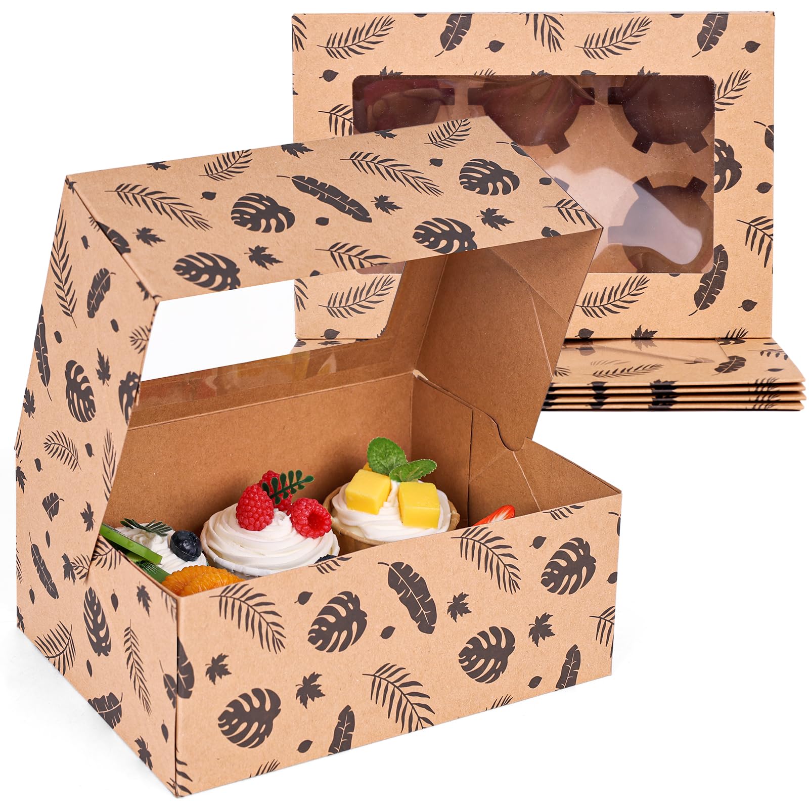HANSGO 6 Sets Kraft Paper Cupcake Boxes, 9.5 x 6.3 x 3 Inches Cupcake Carrier with Window Holding 6 Count Cupcake Holder Containers Pastry Boxes for Bakery Muffins Cookies Treats Desserts