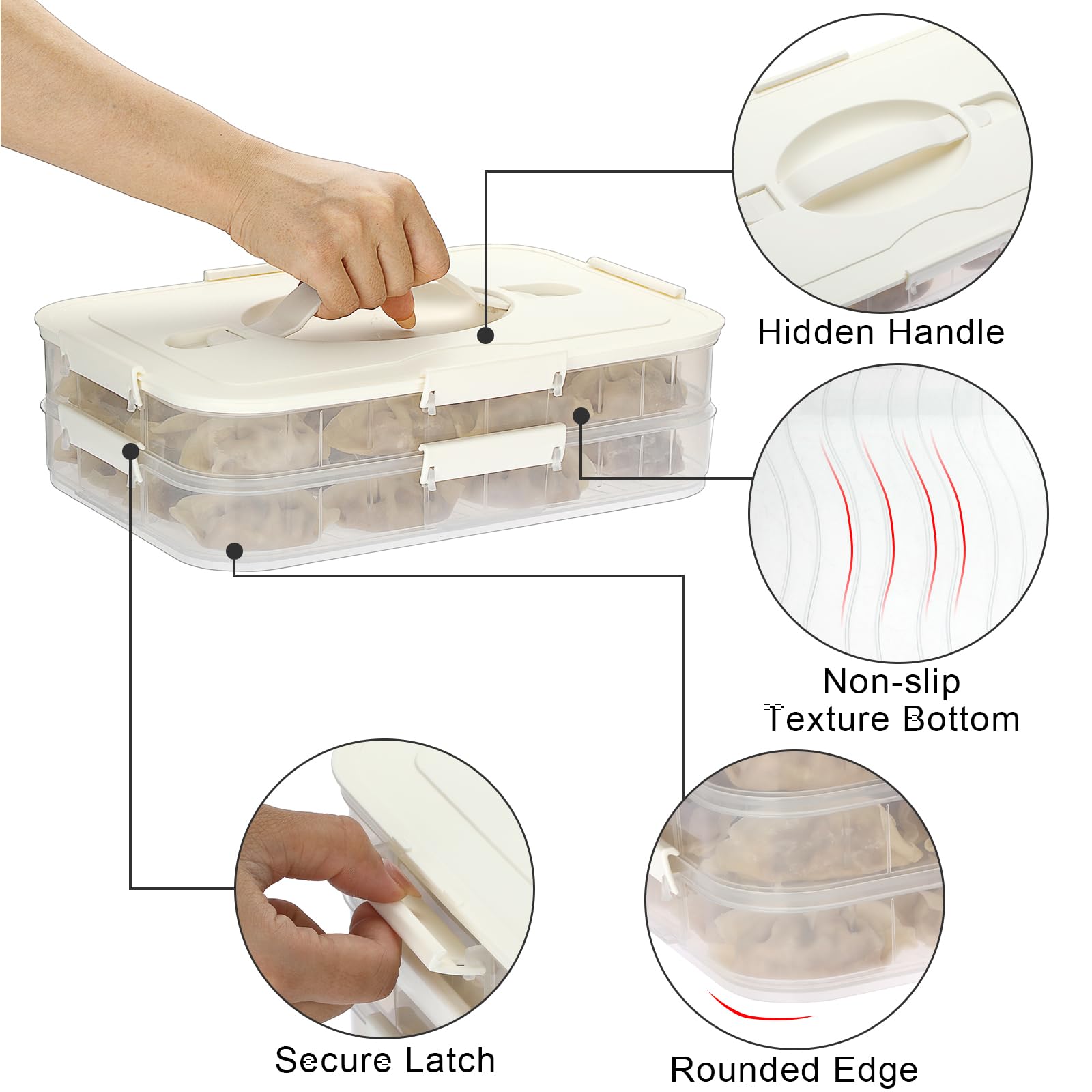 BTSKY Plastic Food Storage Container with lids, Dumpling Storage Box, Cookie Carrier Cookie Sheet with Lid, Portable Large Food Container for Snack, Fruit, Vegetables, Meat, Wontons(2-Layer, White)