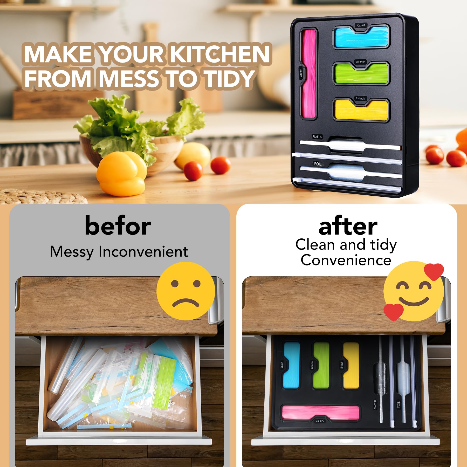 CiWiVOKi Storage Bag Organizer for Drawer, 6 in 1 Foil and Plastic Wrap Dispenser with Cutter, Plastic Kitchen Organizers and Storage for Sandwich Snack Gallon Quart Bags and 12" Aluminum Foil, Black