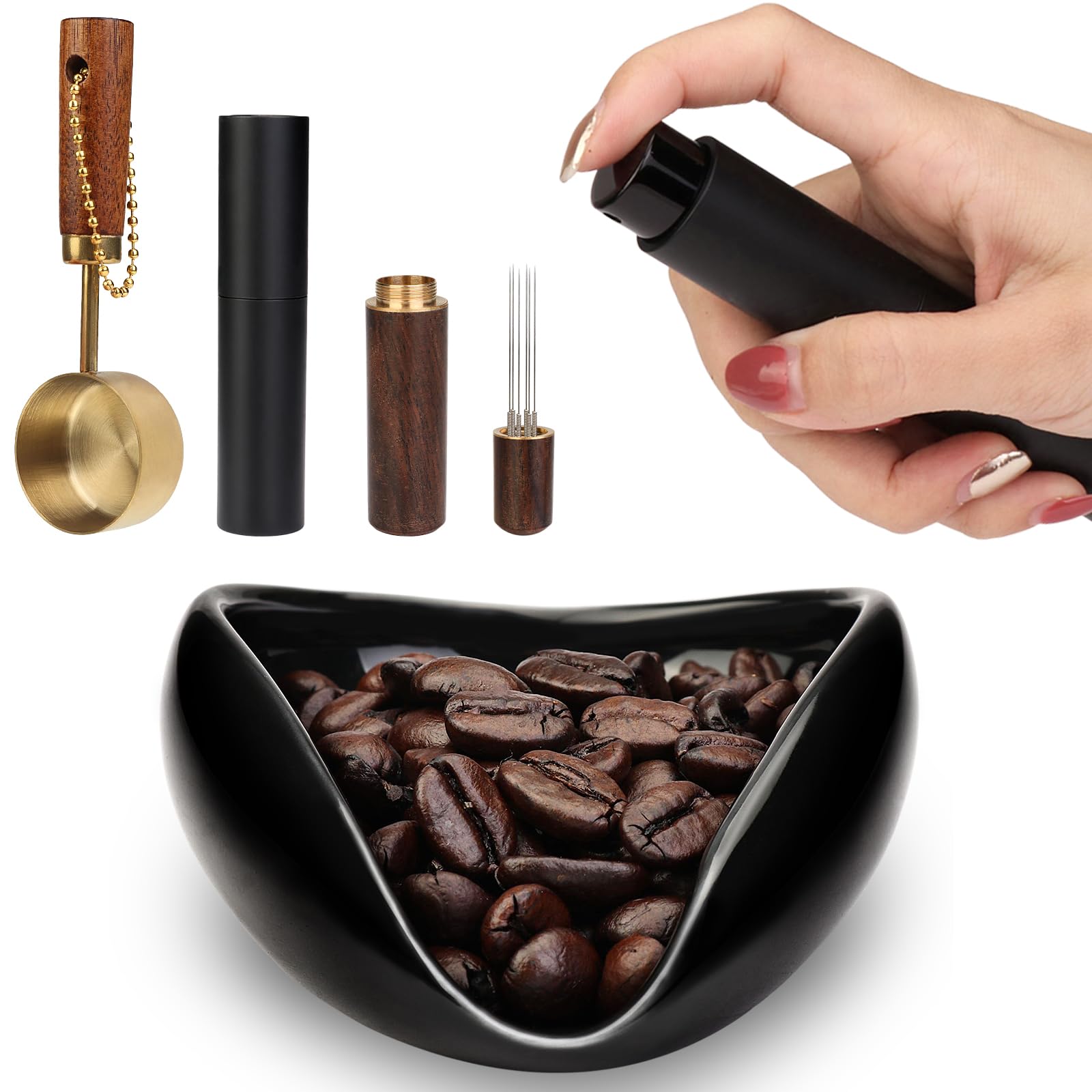 FWUNYVN 4Pcs Coffee Bean Dosing Cup, Spray Bottle, Spoon and Stirrer Tool Set, Coffee Bar Accessories Ceramic Espresso Dosing Funnel Spray Bottle for Reducing Coffee Static, Coffee Lover Gift (Black)