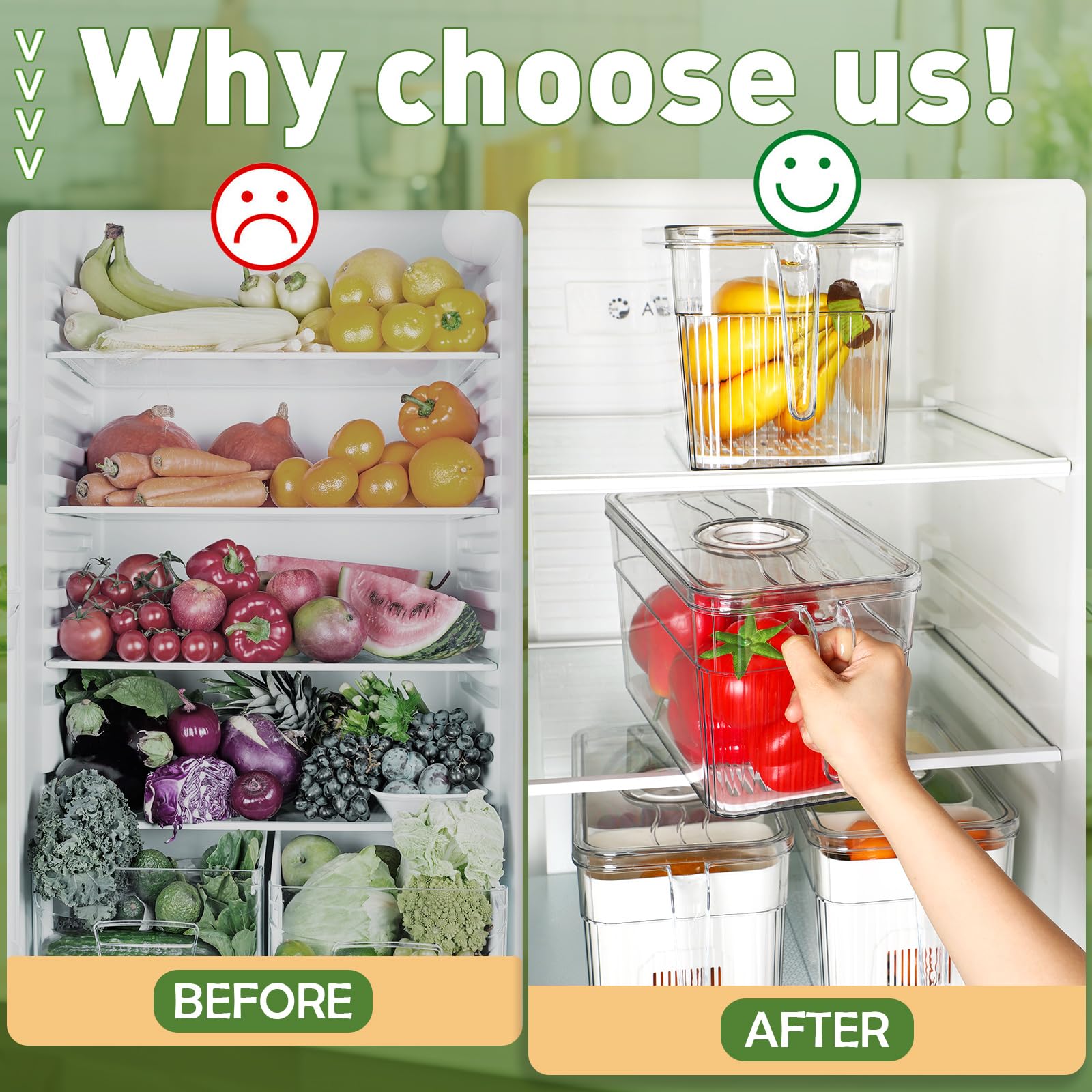 Blushtier 4 Pcs Fridge Organizer Bins with Compartment and Drain Tray and Lid Handle Plastic Stackable Timer Keep Fresh Sealed Food Storage Container for Vegetables Fruit Salad,11 x 6.2 x 6.2 Inch