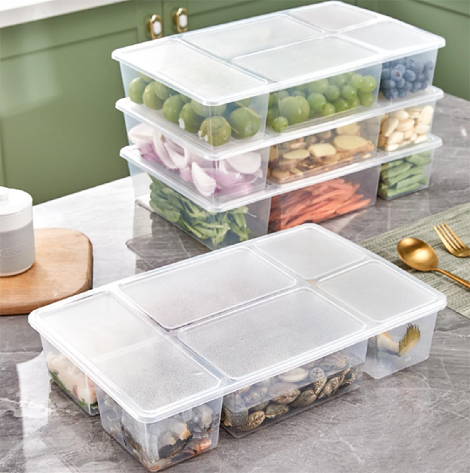 YAYODS 3 Pack Divided Veggie Tray with Lid, 5 Compartment Snackle Box Container for Fridge, Clear Stackable Salad Prep Food Storage Containers for Snack, Fruit, Vegetable, Salad, Meat