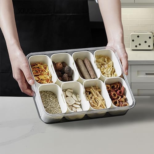 BCPONT Divided Serving Tray with Lid and Handle, Fruit Snack Serving box Vegetable Storage with 8 Compartments Snackle Box Charcuterie Container Fridge Organizer