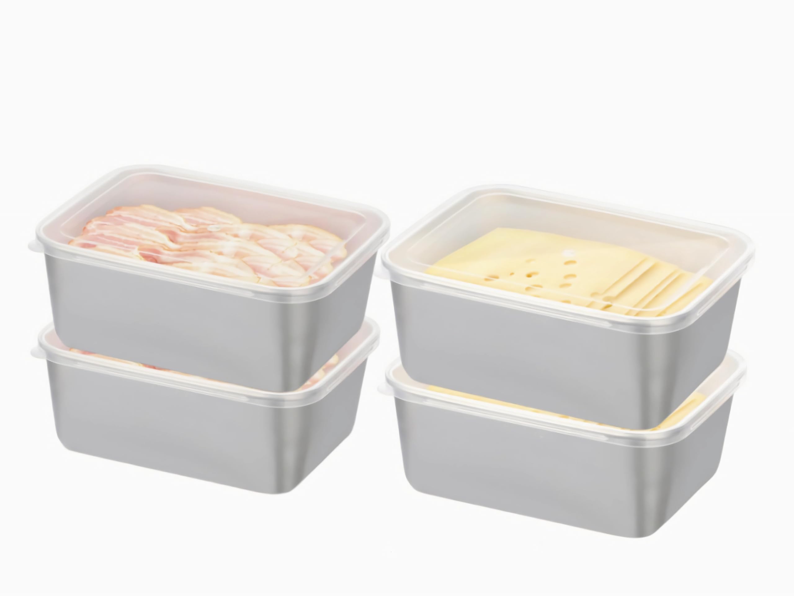 KNC 4 Pieces Stainless Steel Food Storage Containers Clear Lid, Refrigerator Fresh-keeping Airtight Leak Proof Stackable Box for Camping Trip Picnic Soup Salad Leftover, silver, HMC25