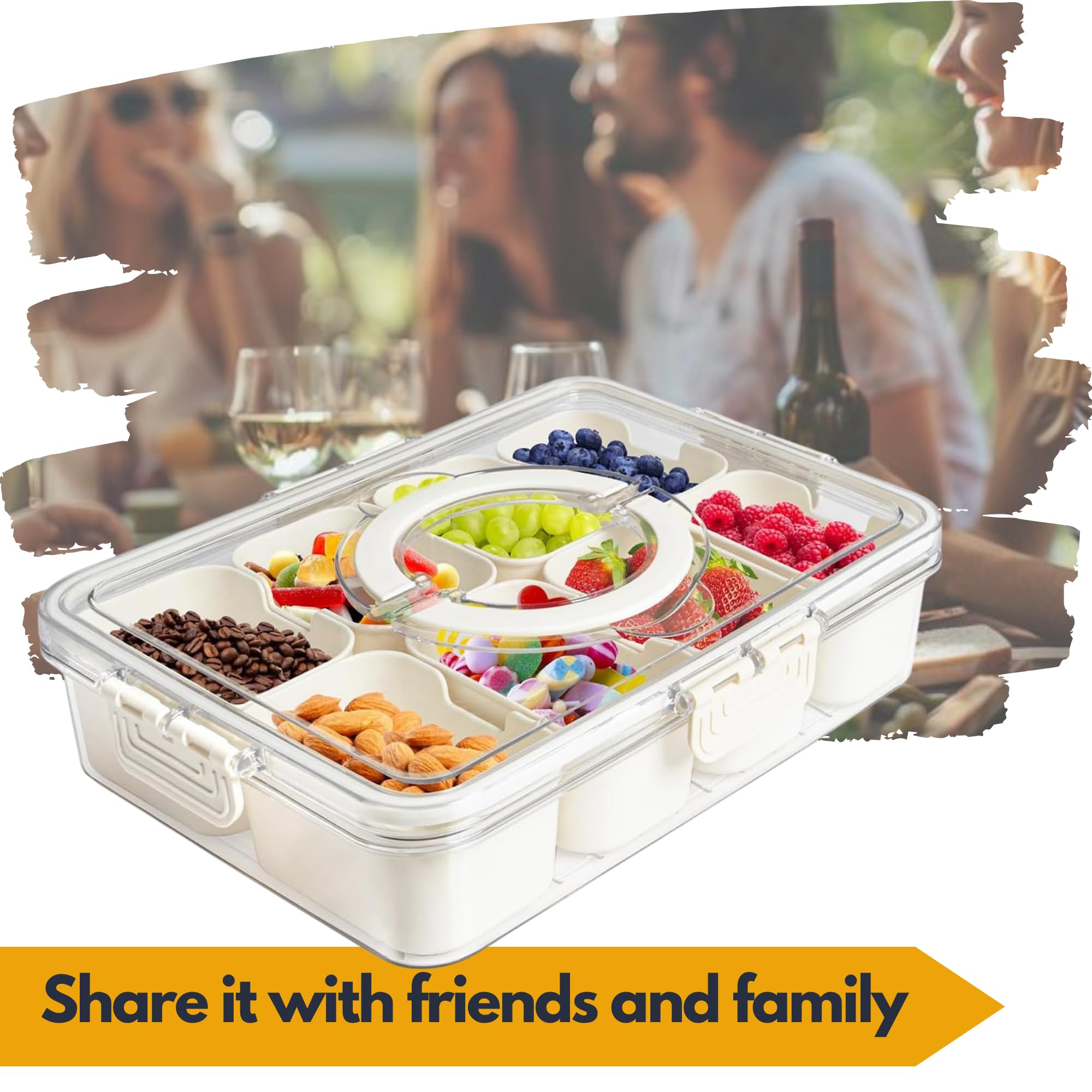 Serving Tray with Lid and Handle - Divided Portable Snackle Box Container, Fridge organizer, Clear Snack Box Organizer for Fruits, Candy, Charcuterie, Snacks - Ideal for beach and picnic essentials