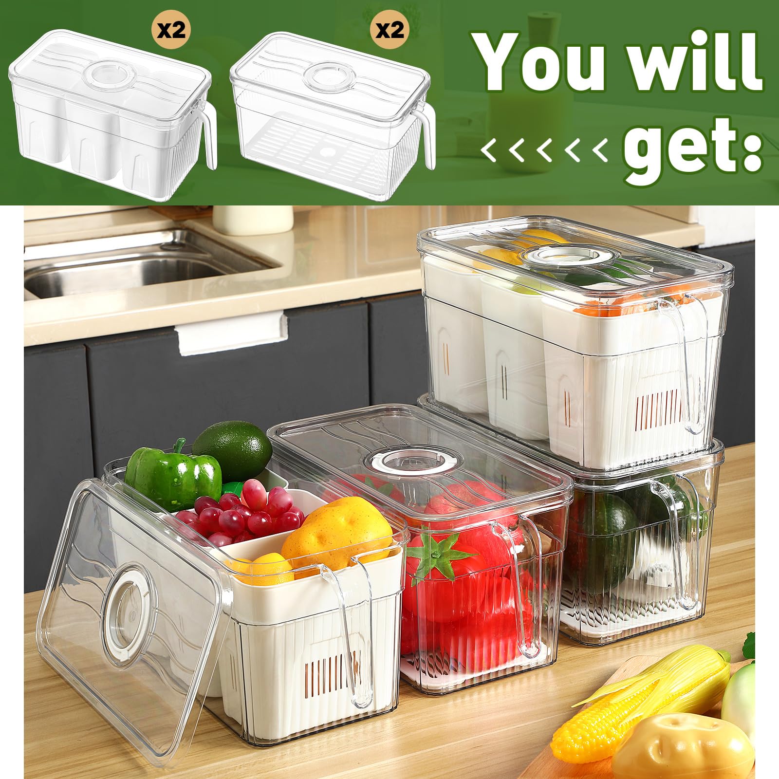 Blushtier 4 Pcs Fridge Organizer Bins with Compartment and Drain Tray and Lid Handle Plastic Stackable Timer Keep Fresh Sealed Food Storage Container for Vegetables Fruit Salad,11 x 6.2 x 6.2 Inch