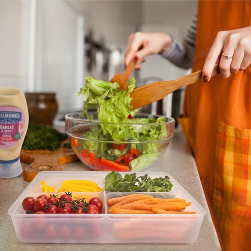 Sousnous Divided Serving Tray with lid, 14 inch Veggie Tray Snack Container Snackle Box Charcuterie Board, 4 Compartment Salad Bar Meat Keeper Food Storage Containers, Clear