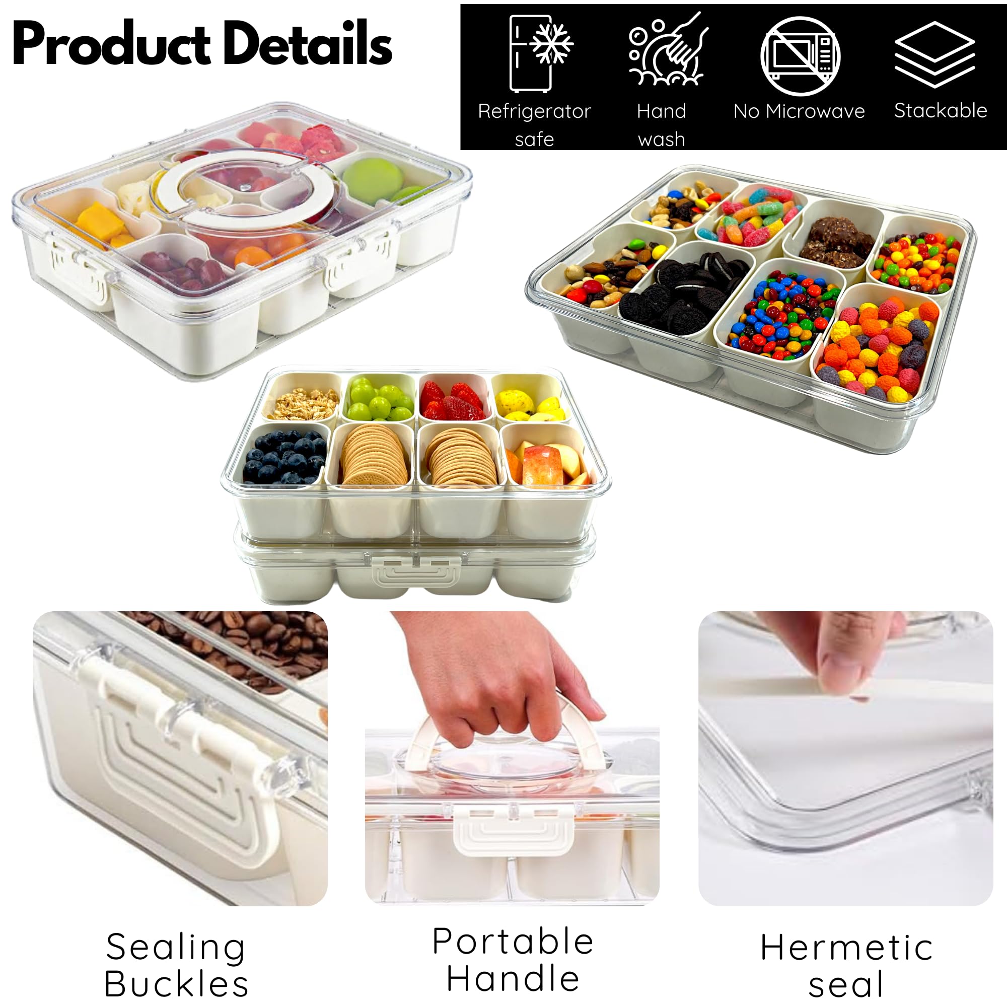 Serving Tray with Lid and Handle - Divided Portable Snackle Box Container, Fridge organizer, Clear Snack Box Organizer for Fruits, Candy, Charcuterie, Snacks - Ideal for beach and picnic essentials