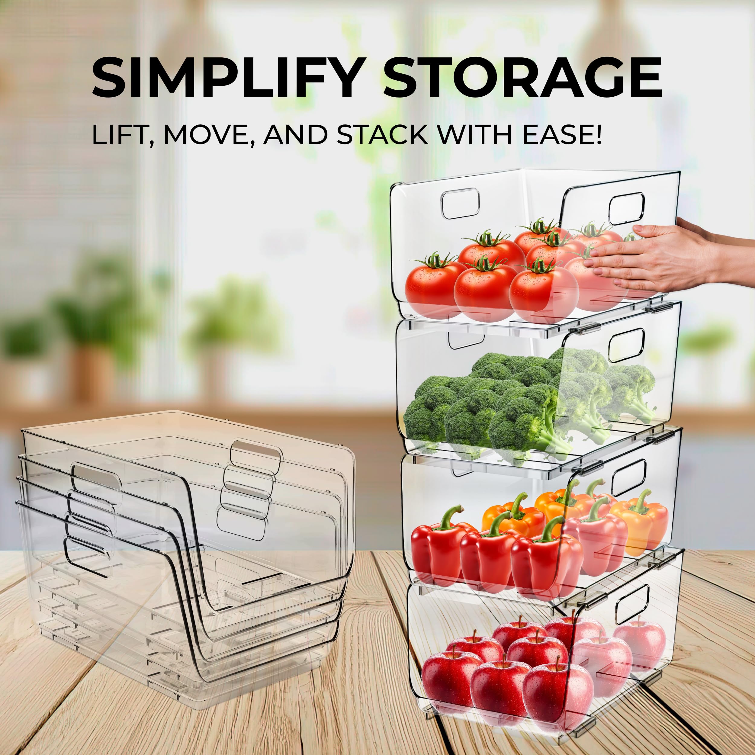 TidyFriend Plastic Stackable Bins for Pantry, 4 Pack Stacking Bins Open Front, Toy Organizers, Kitchen, and Bathroom Essentials (Clear- Hole Handle)