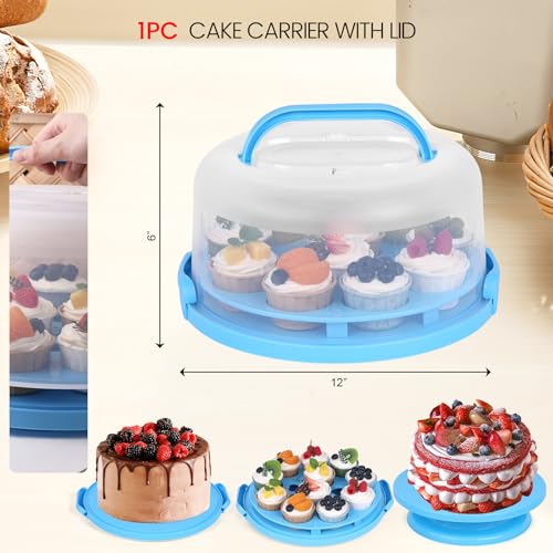 JOHOUSE Round Cake Carrier with Lid, Blue Cake Holder Cupcake Container with Dome for 11 Cupcakes 2 in 1 Portable Dessert Container for Cake Pie Muffin Cobbler