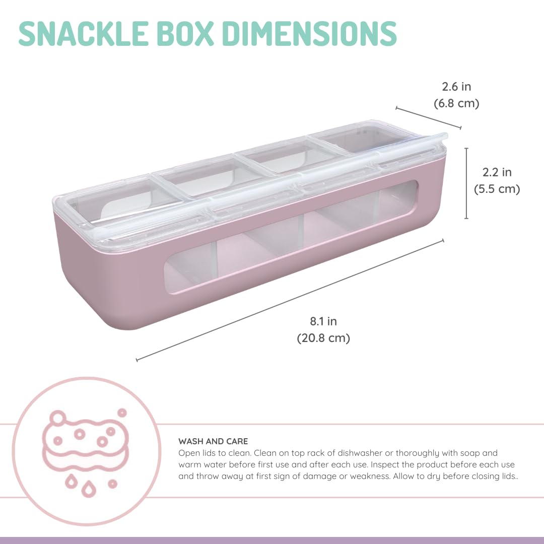 melii Snackle Box – 4 Separate Compartments with Lids, Divided Snack Container, Food Storage for Kids and Adults, Arts & Crafts, Beads, BPA-Free, Pink