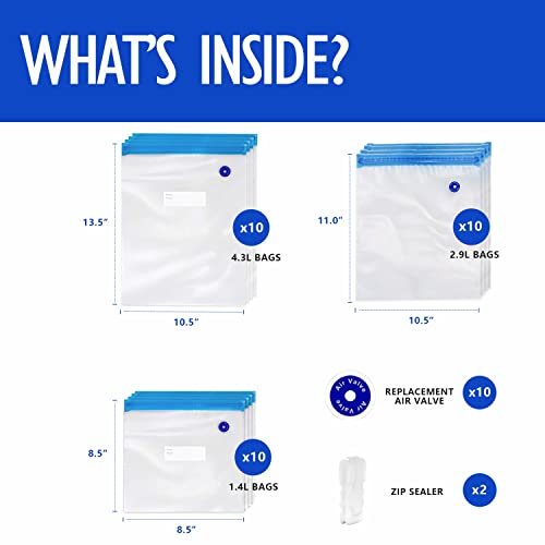 VICARKO 30 Vacuum Zipper Bags, Vacuum Sealer Bags, Food Storage, Reusable Bags, with Double Layers, BPA Free, Combo Size