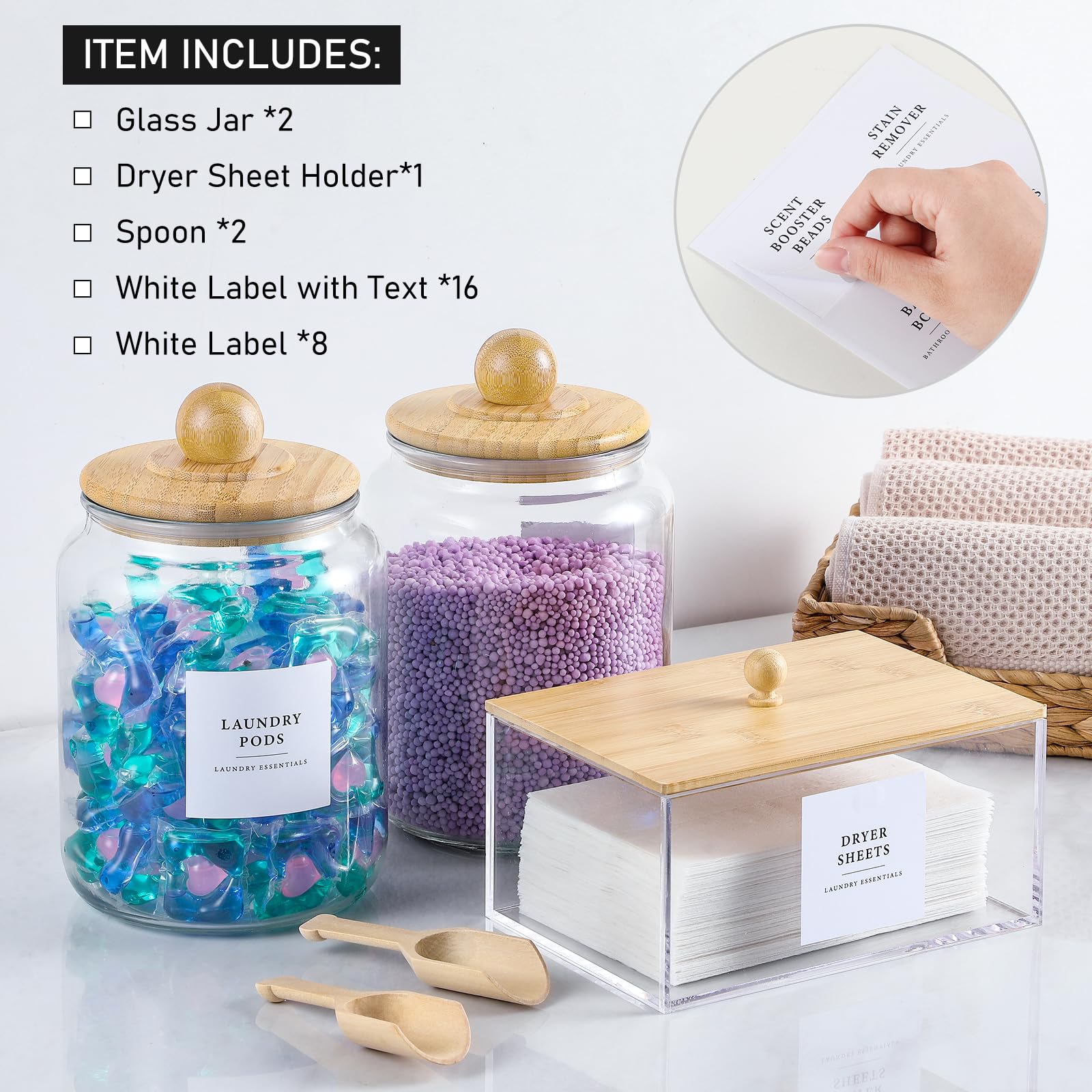 Glass Jars and Dryer Sheet Holder with Bamboo Lids, Dispenser Set and Labels, Containers for Laundry Room Organization and Storage, Half Gallon Airtight jars, Acrylic Storage Box for Laundry supplies