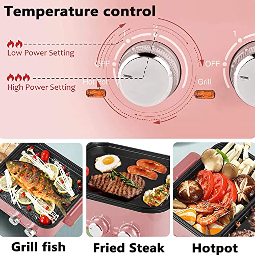 Indoor NonStick Electric Griddle and Hot Pot - 2-in-1 Hot Pot - Independent Dual Temperature Control(Pink)